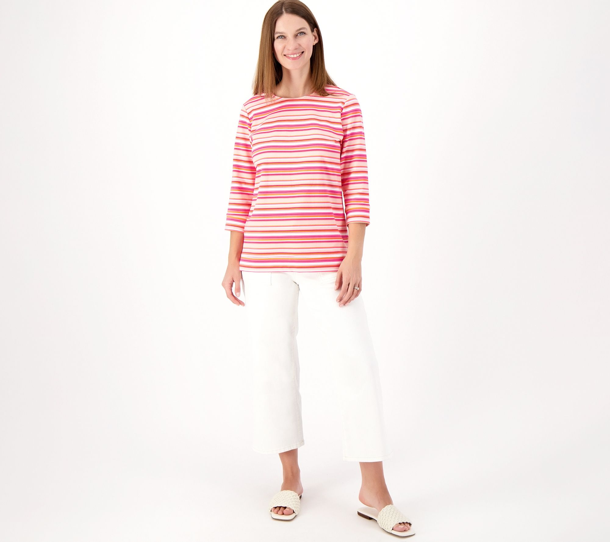 Denim & Co. Active Striped French Terry 3/4 Sleeve Top w/Back Detail ...