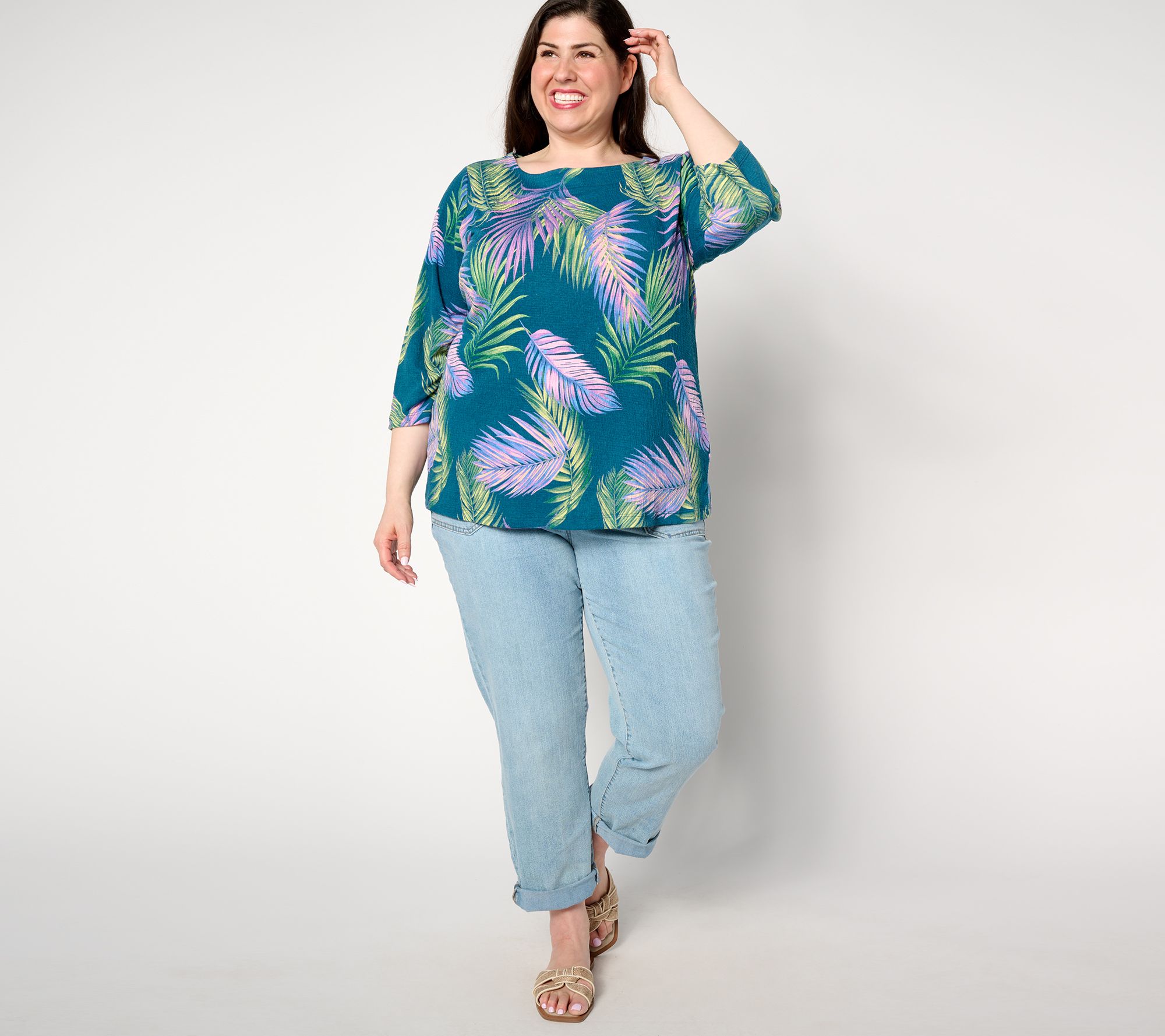 "As Is" Denim & Co. By the Beach Printed Knit Gauze Boat Neck Top - QVC.com