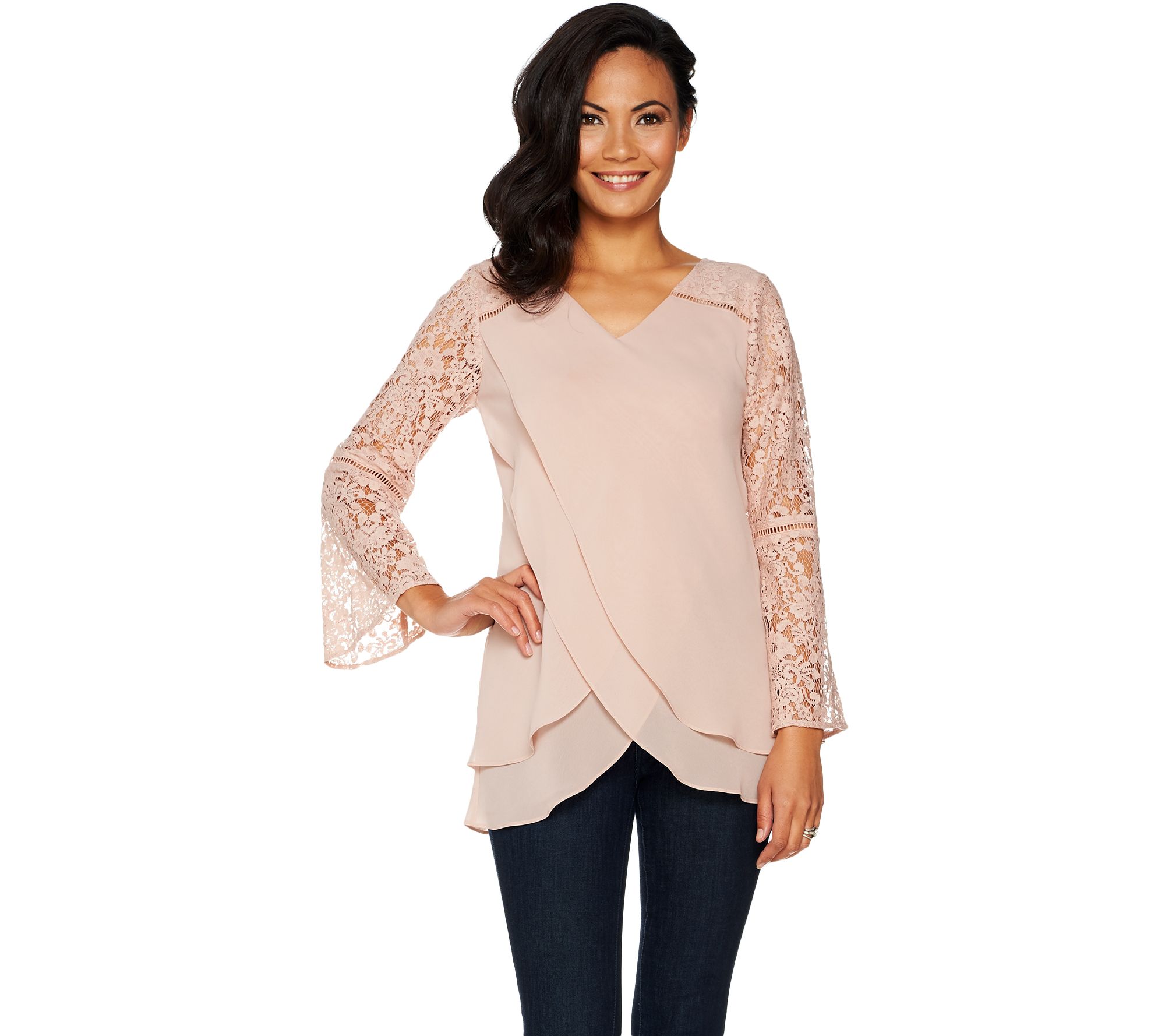"As Is" Laurie Felt Goddess Blouse with Lace Sleeves - QVC.com