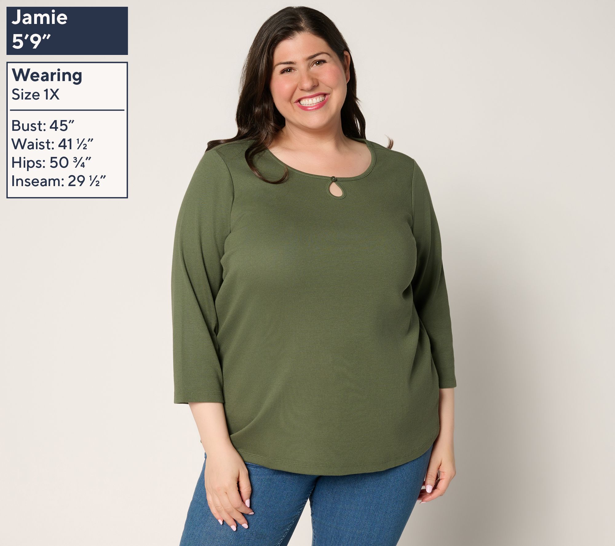 Denim & Co. Essentials Modal Rib 3/4 Sleeve Keyhole Top - QVC.com