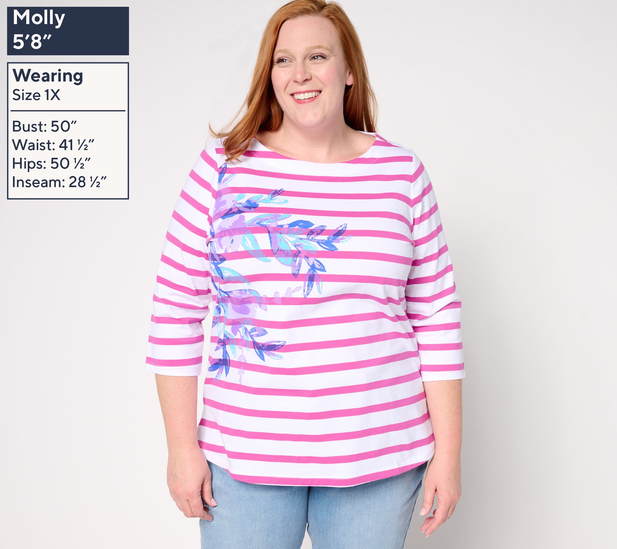 "As Is" Sport Savvy Printed Knit Floral Striped 3/4 Sleeve Top - QVC.com