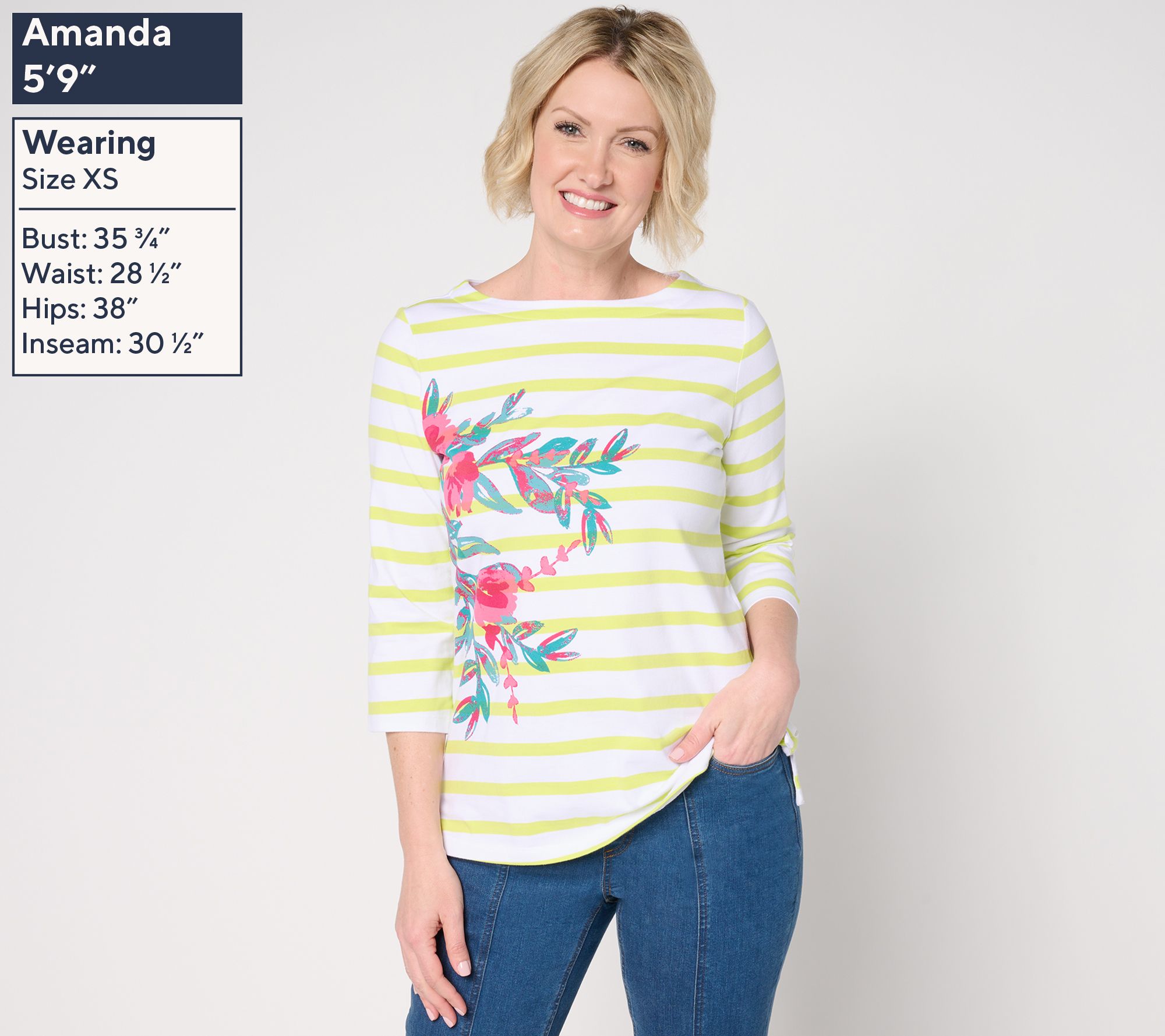 "As Is" Sport Savvy Printed Knit Floral Striped 3/4 Sleeve Top - QVC.com