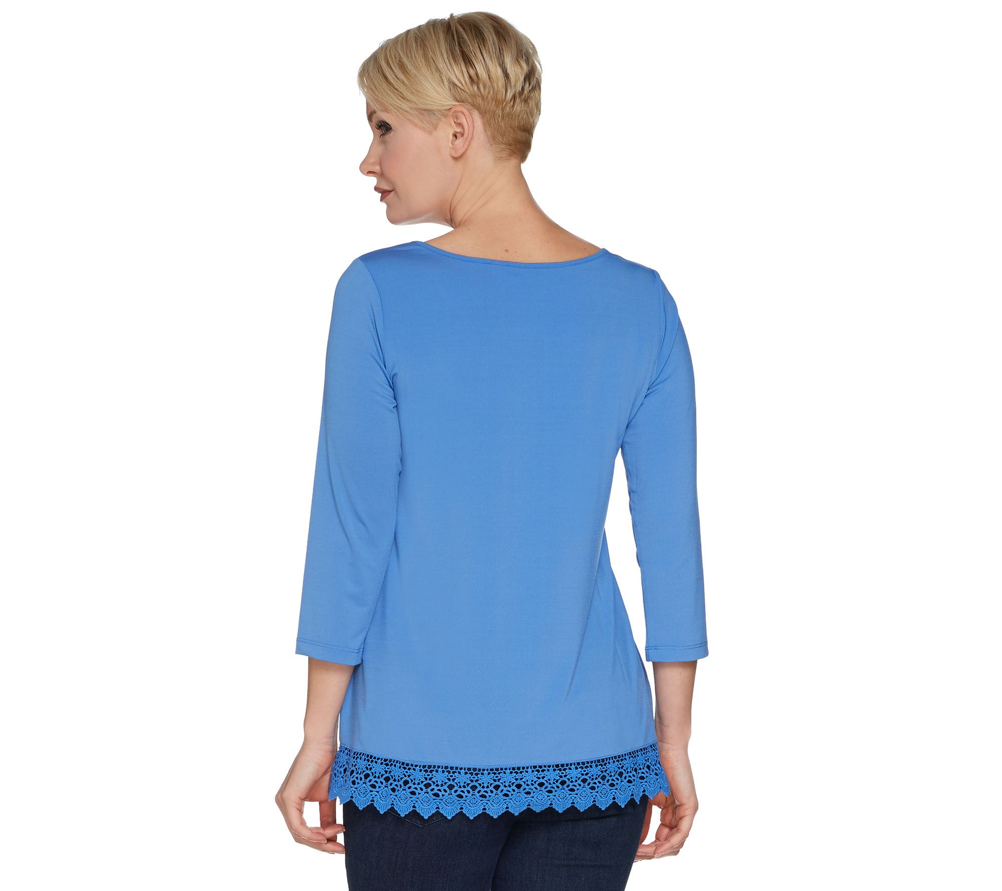 "As Is" Joan Rivers 3/4 Sleeve Knit Top with Crochet Trim - QVC.com