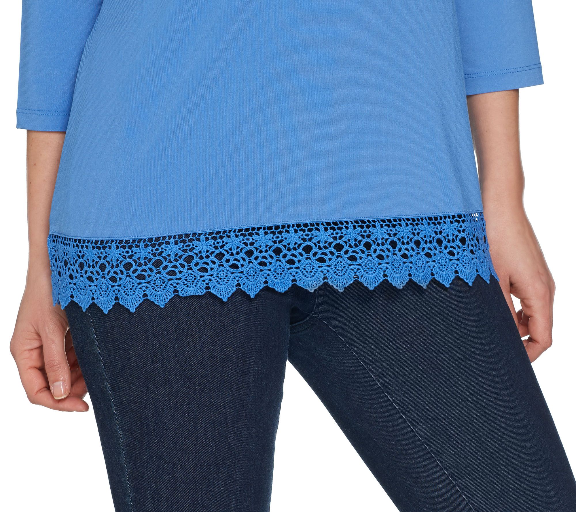 "As Is" Joan Rivers 3/4 Sleeve Knit Top with Crochet Trim - QVC.com