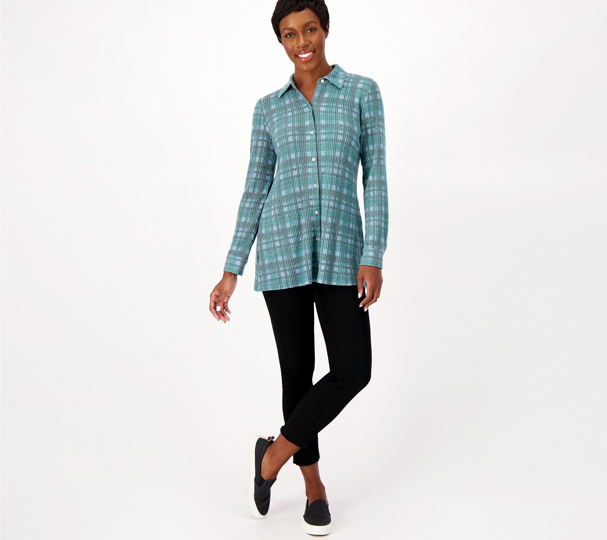 "As Is" Susan Graver Weekend Petite Printed Brushed Waffle Knit Shirt ...