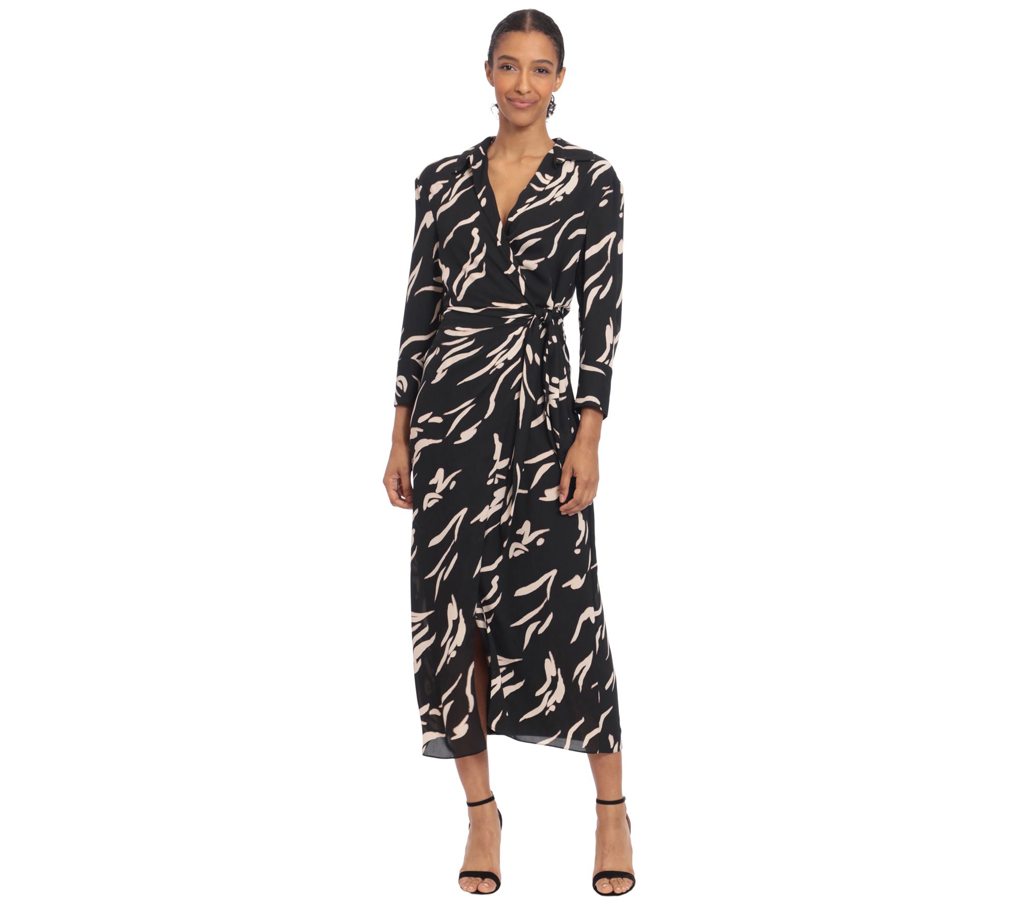 Donna Morgan Long-Sleeve Wrap Midi Dress with Collar - QVC.com