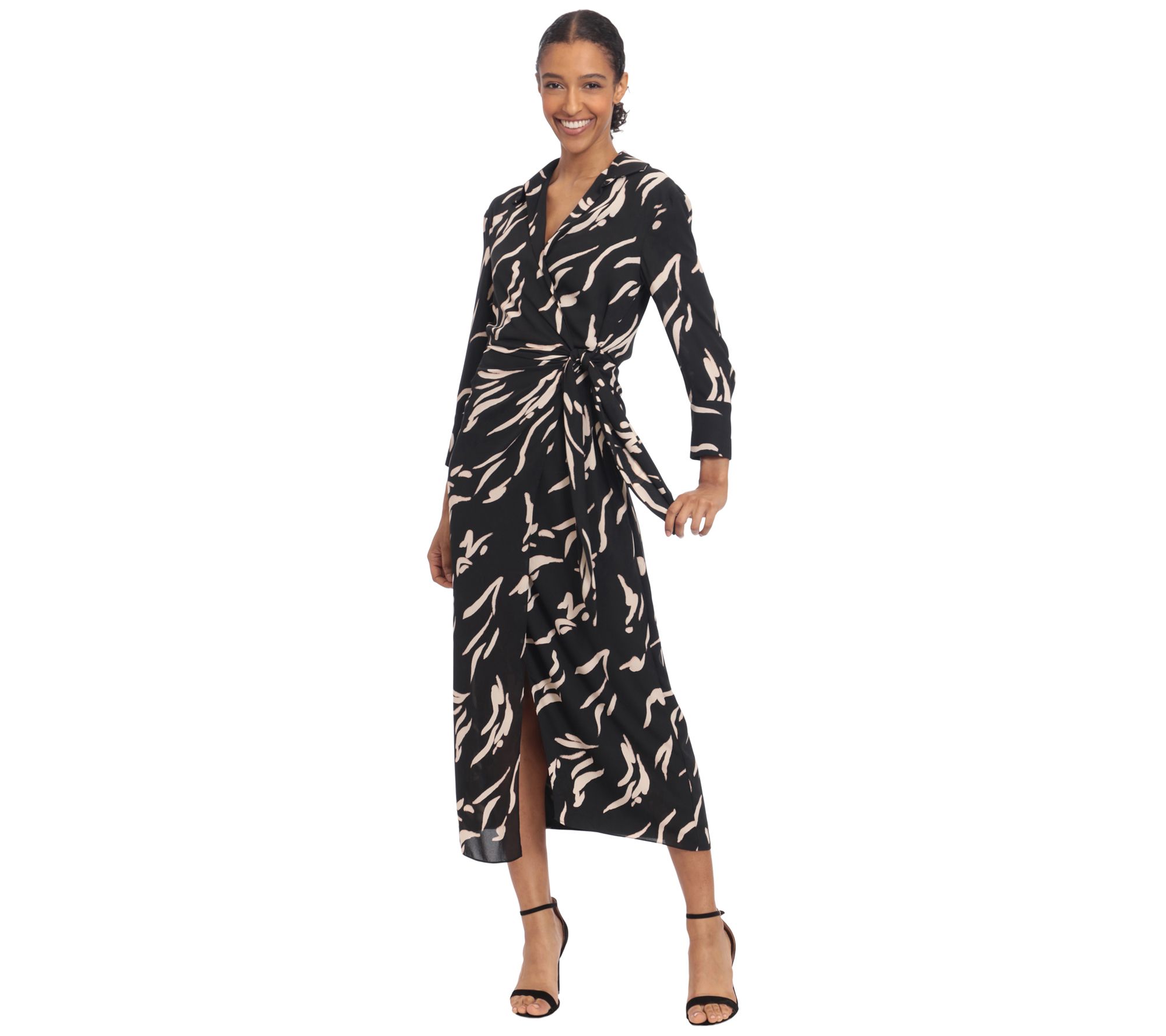 Donna Morgan Long-Sleeve Wrap Midi Dress with Collar - QVC.com