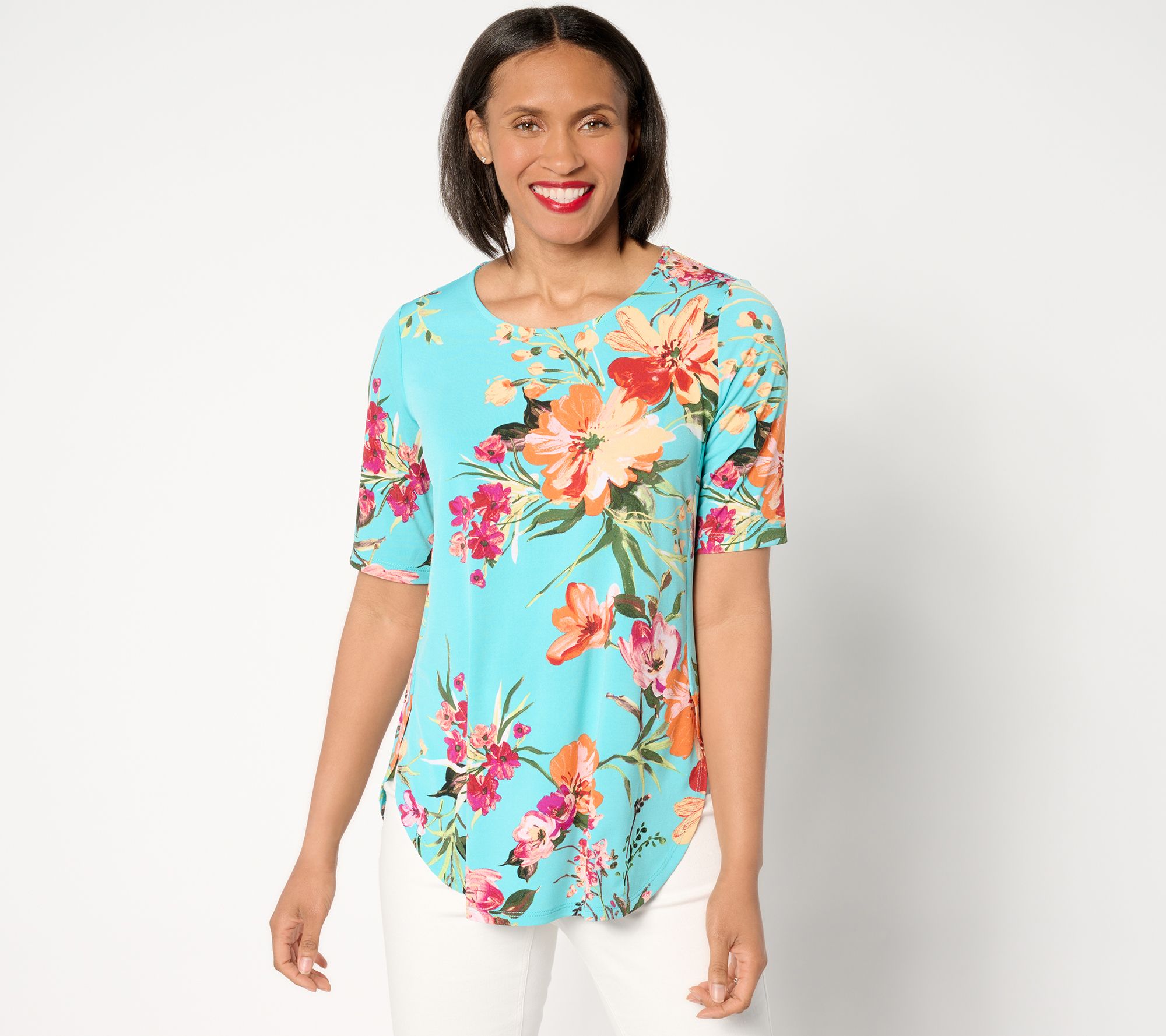 Susan Graver Petite Printed Liquid Knit Shirttail Hem Tunic - QVC.com