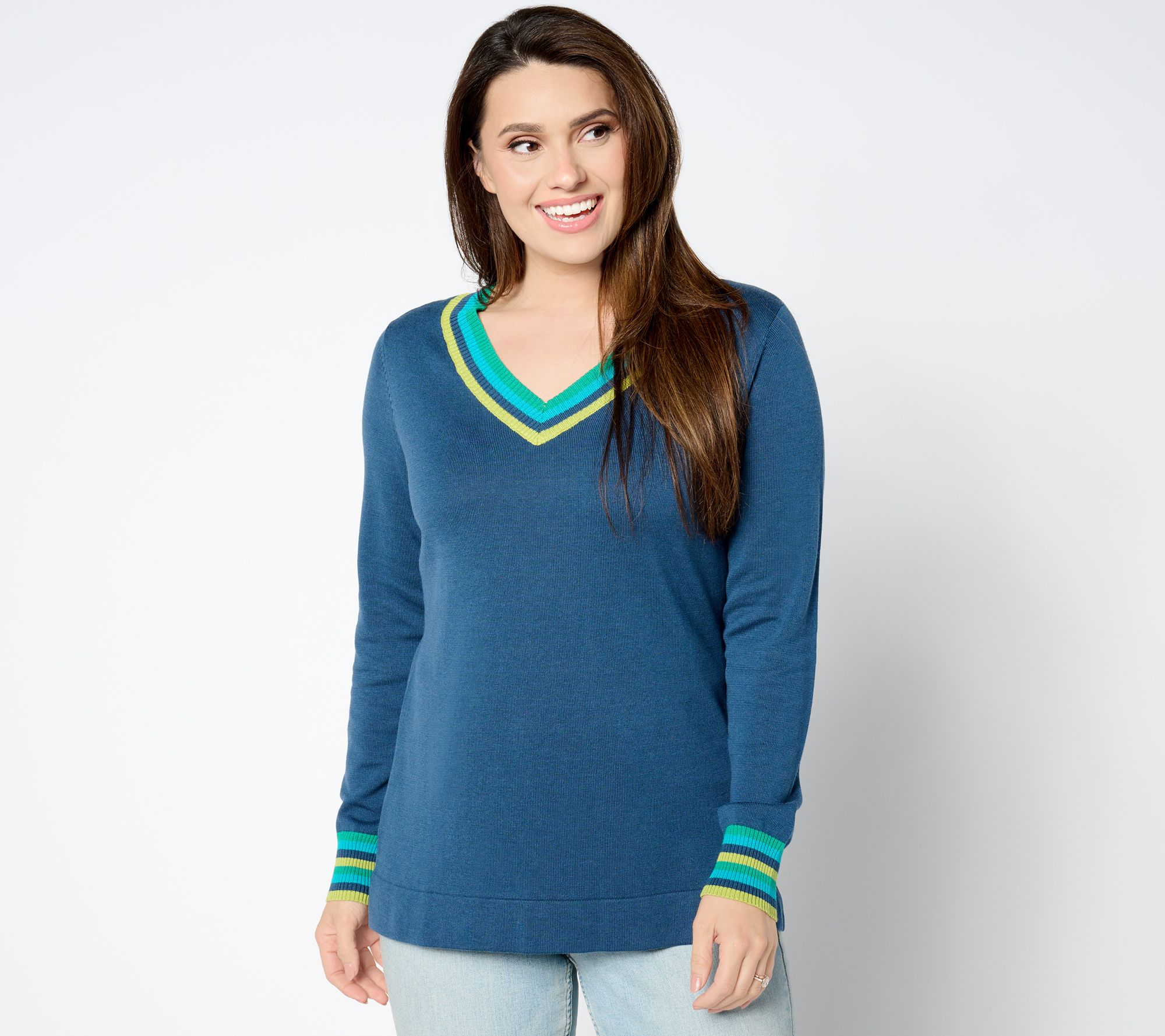 Belle By Kim Gravel Varsity Vibes Pop Stripe V Neck Sweater