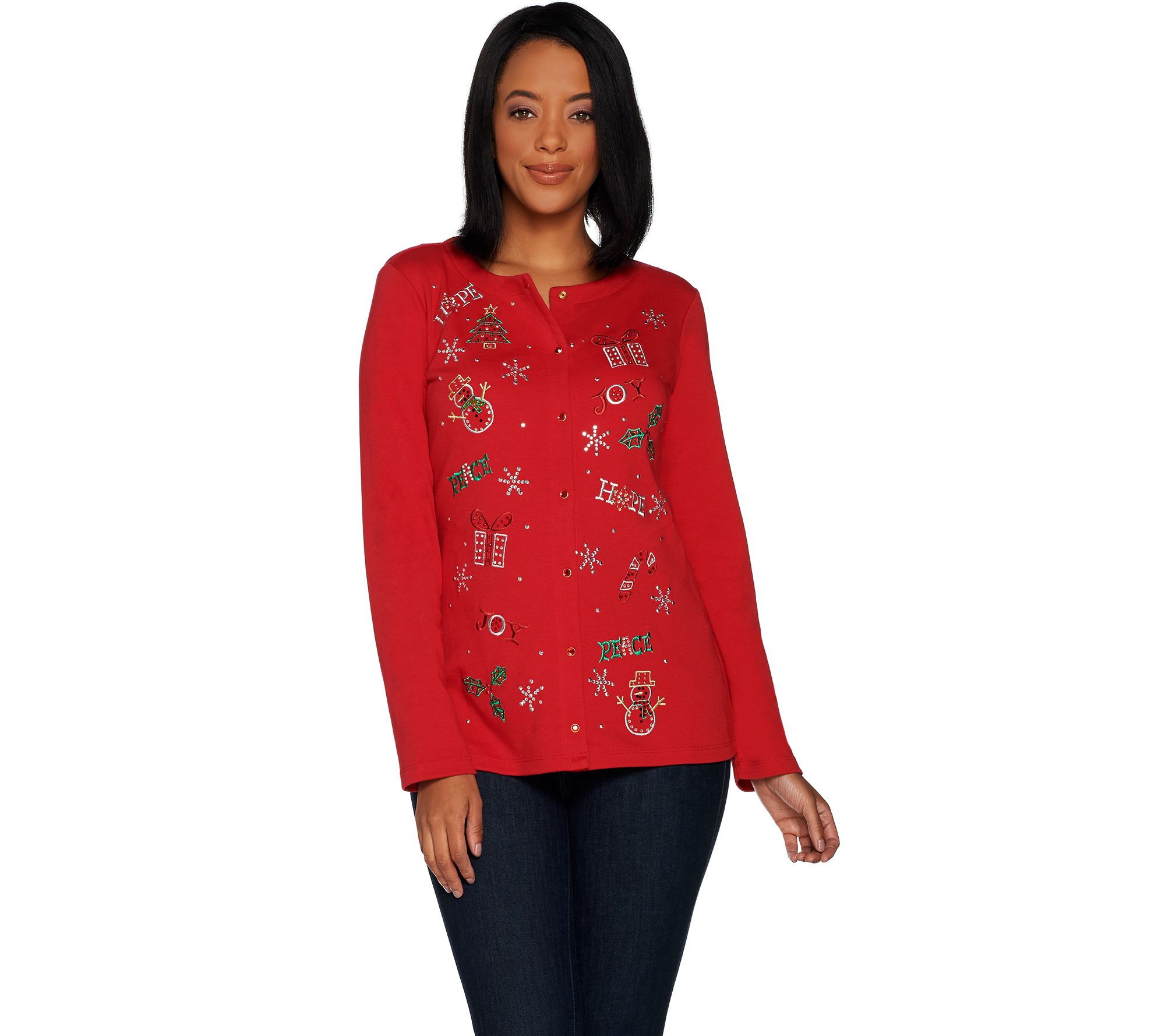 "As Is" Quacker Factory Peace Hope and Joy Snap Front Knit Cardigan ...