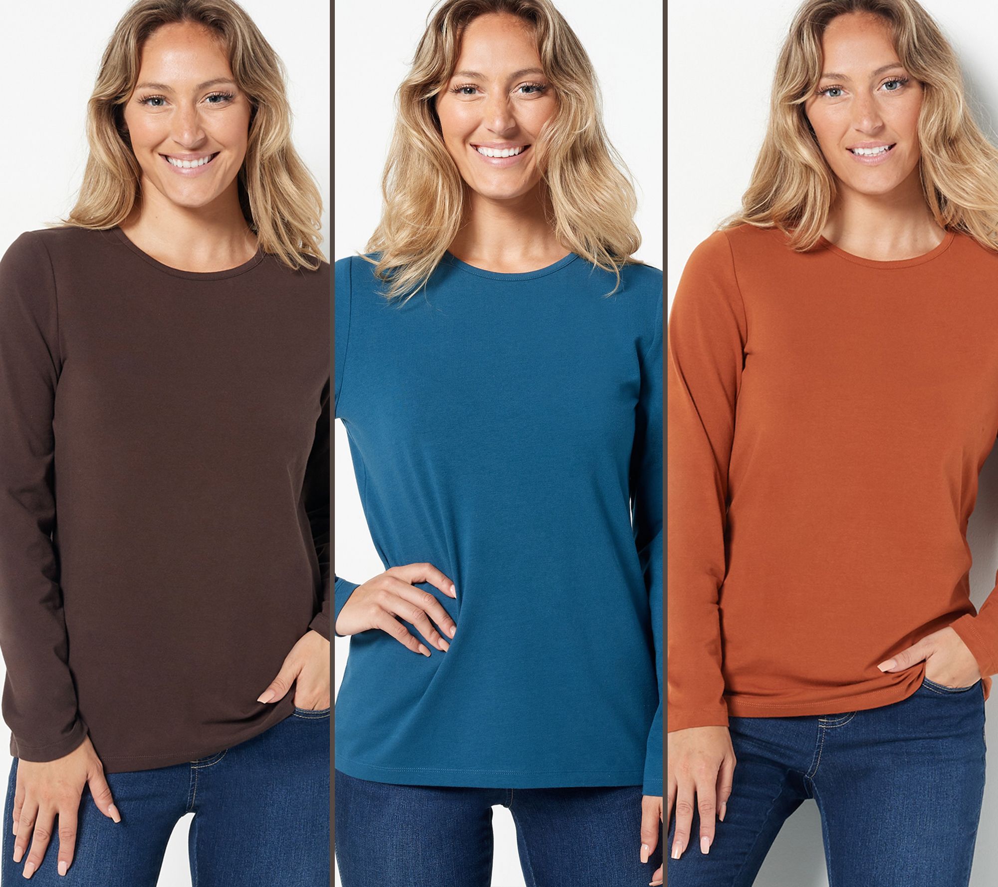 (QVC) Denim & Co. Essentials Perfect Jersey Long-Sleeve Top 3-Pack ...