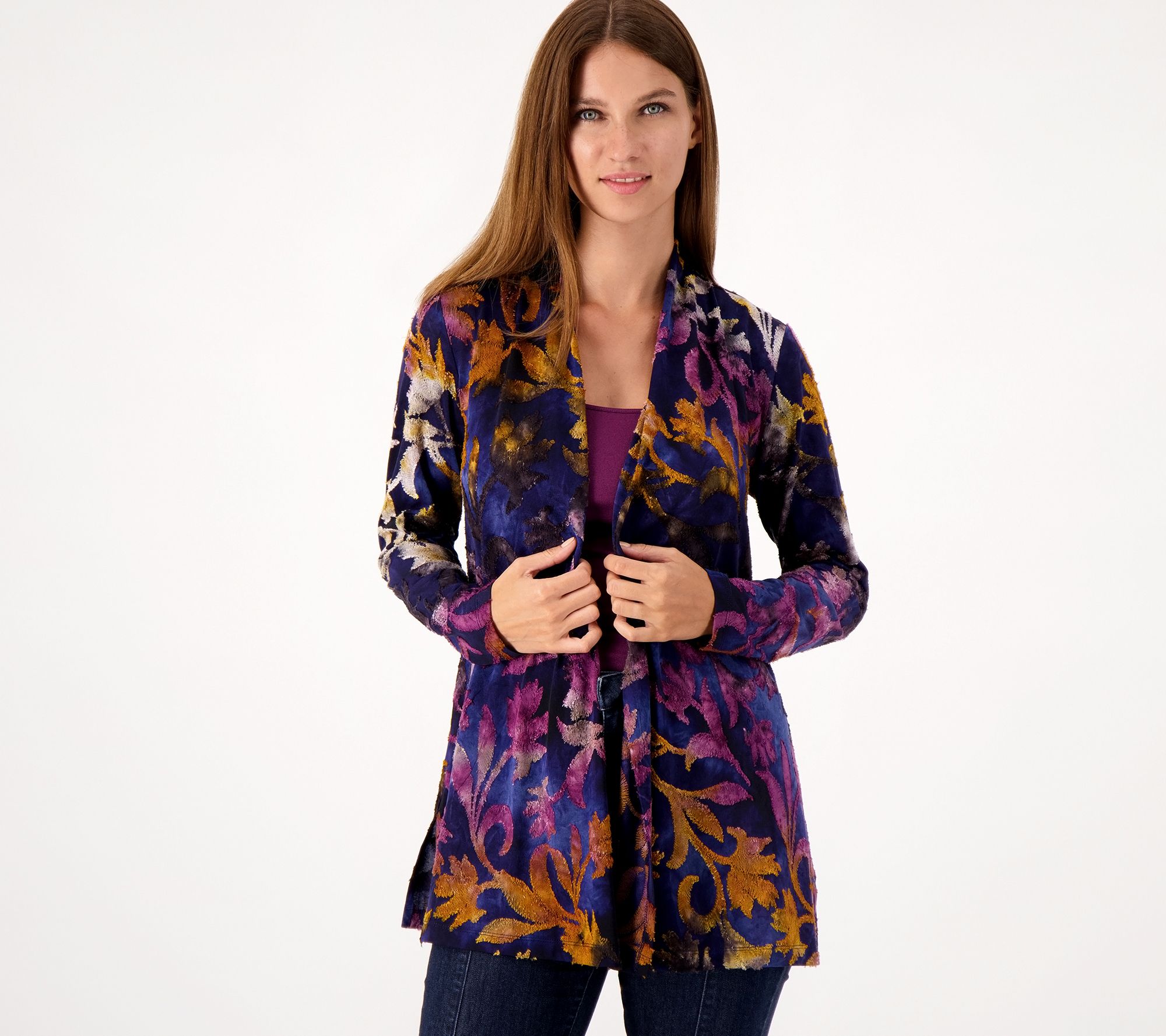 Susan Graver Tie Dye Clip Jacquard Long Sleeve Open Front Cardigan ...