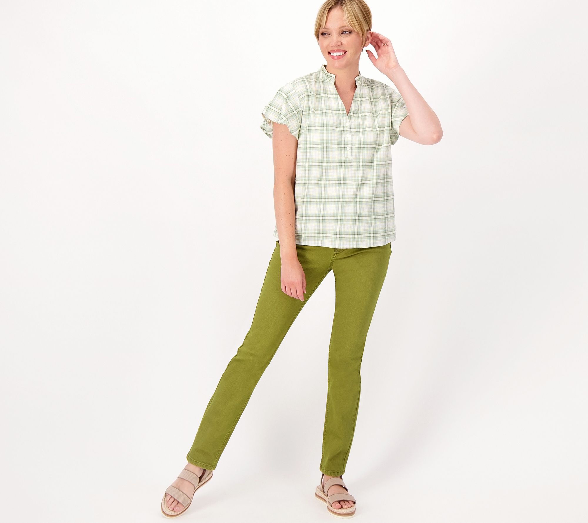 "As Is" Candace Cameron Bure Plaid Flutter- Sleeve Blouse w/Ruffle ...