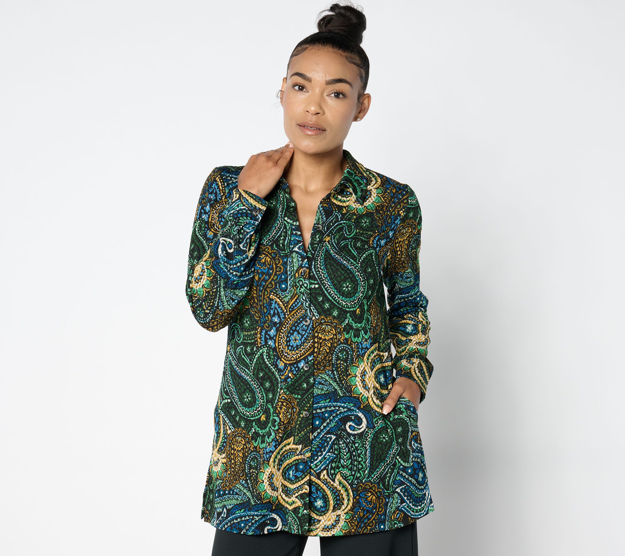 Susan Graver Regular Printed Novelty Knit Button-Front A-Line Tunic ...