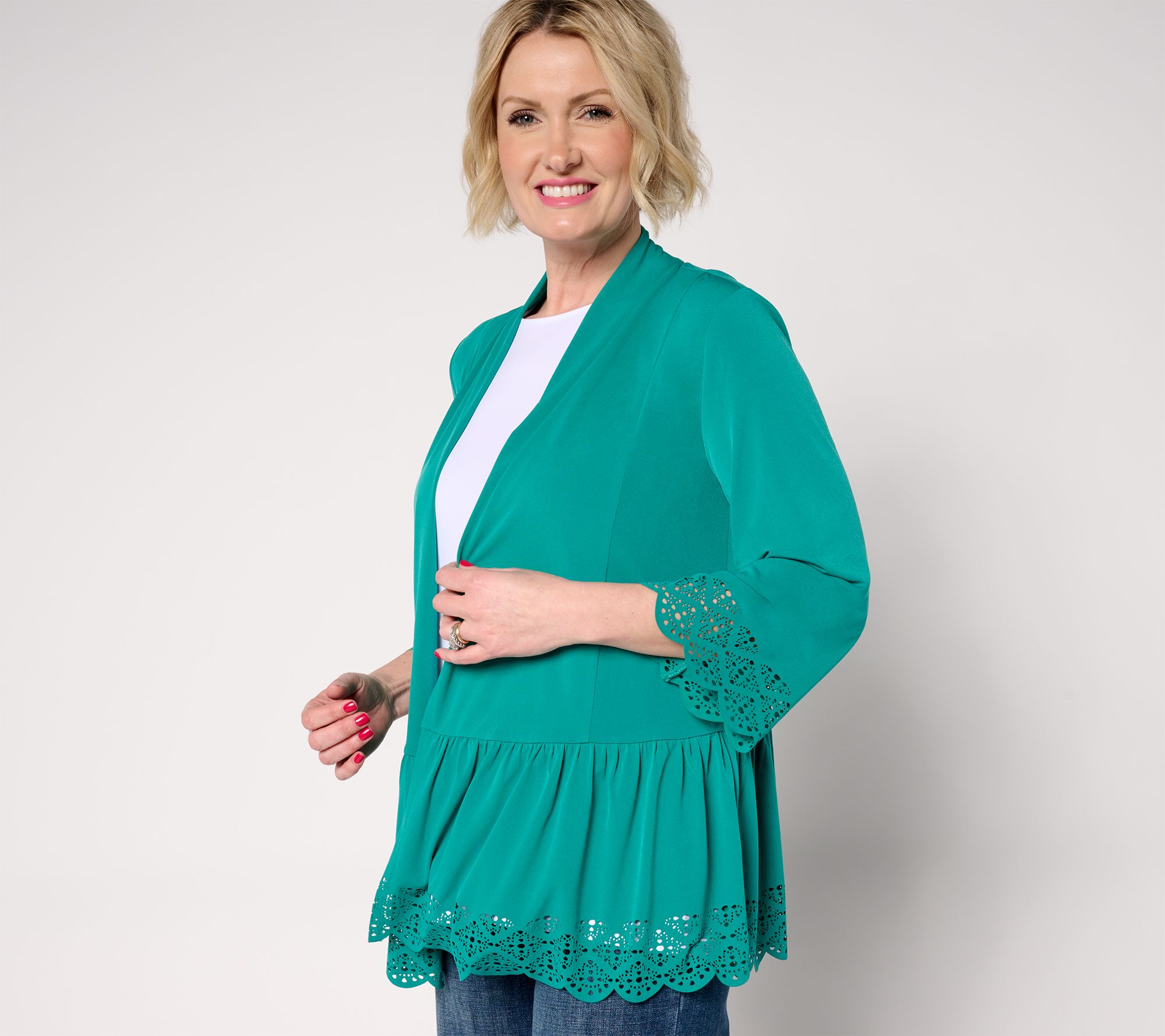GRAVER Susan Graver Regular Liquid Knit Tiered Laser Cut Cardigan - QVC.com