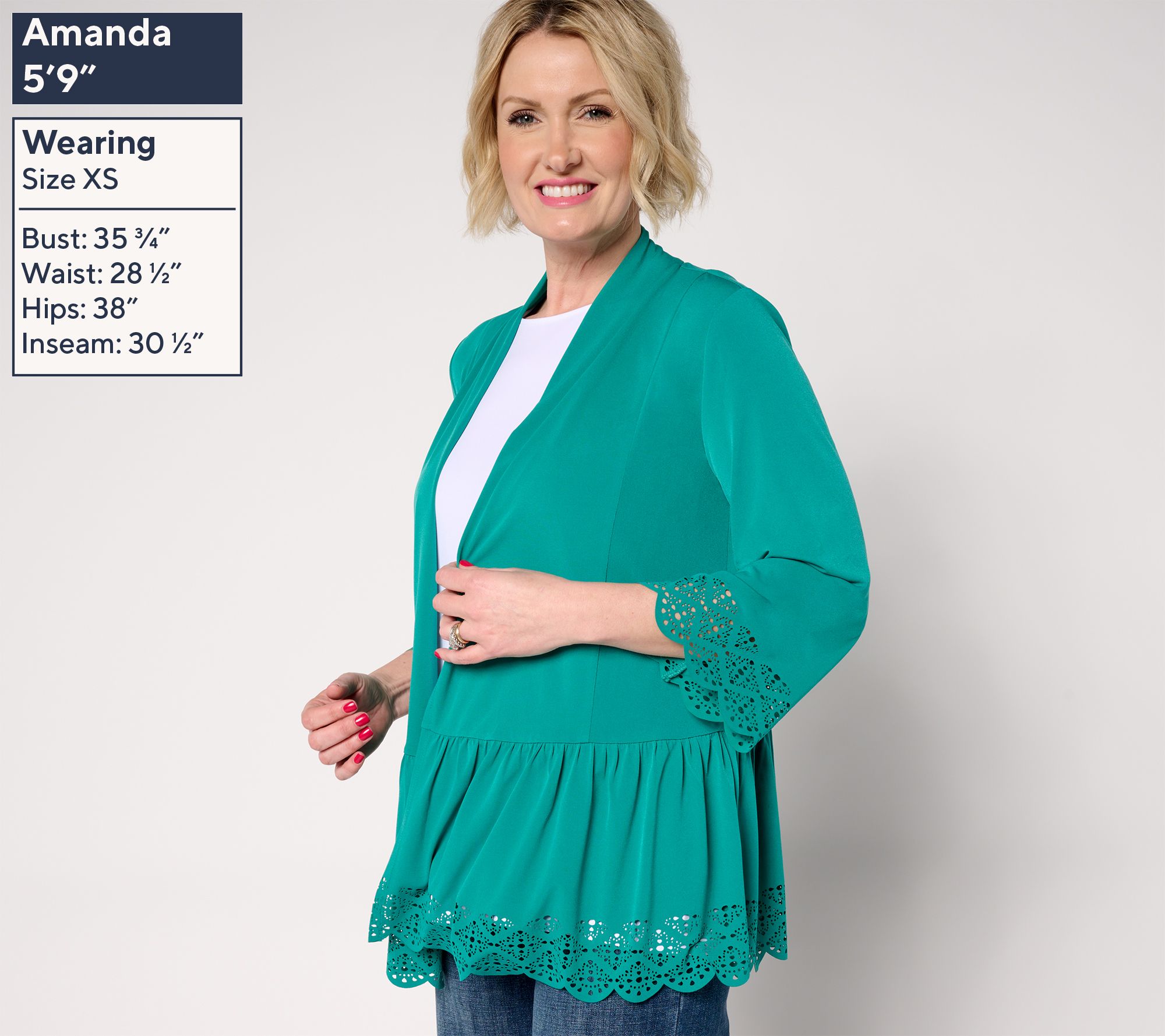 GRAVER Susan Graver Regular Liquid Knit Tiered Laser Cut Cardigan - QVC.com