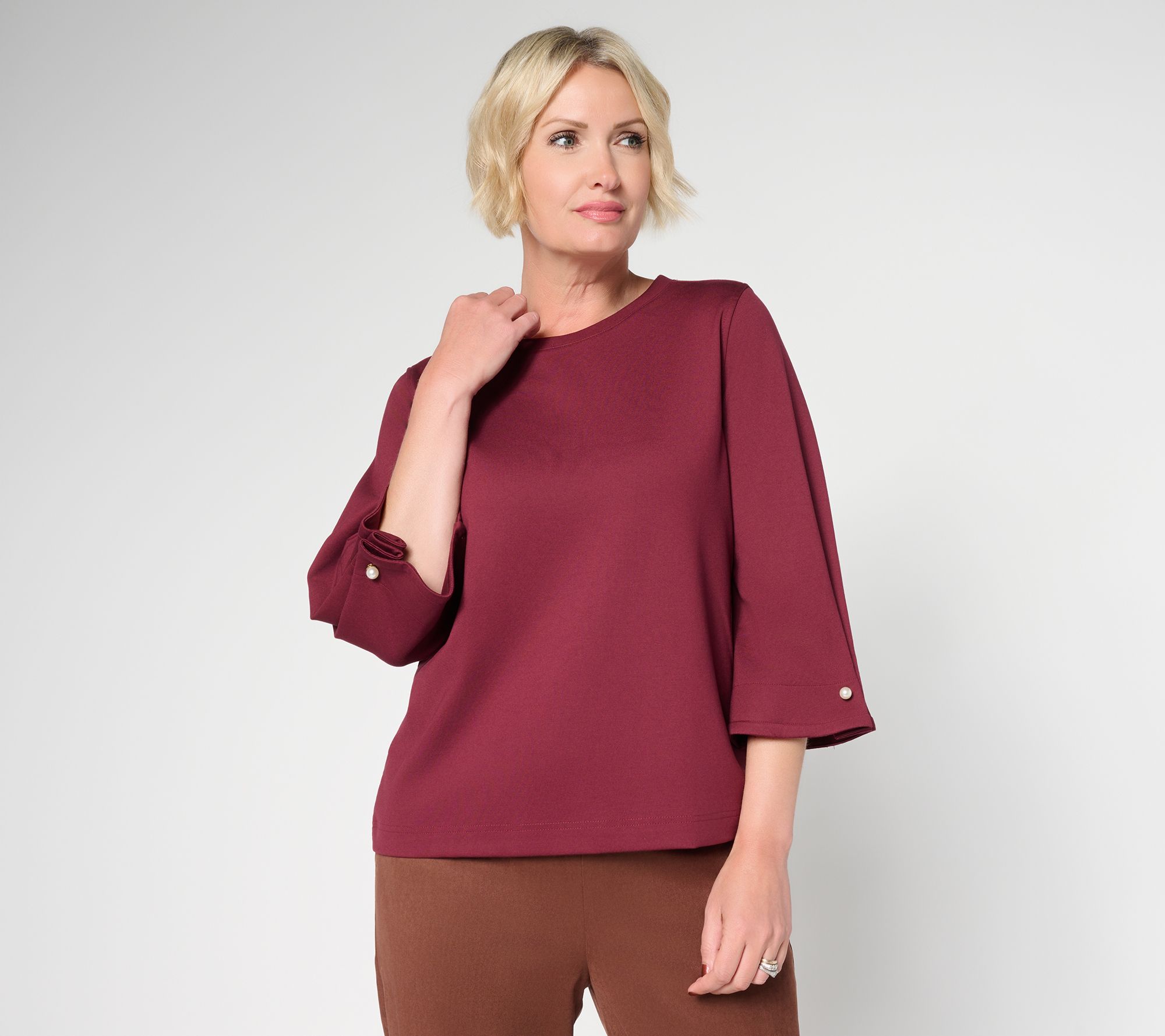by Stacy London Ponte Crew Neck Top with Pearl Trim - QVC.com