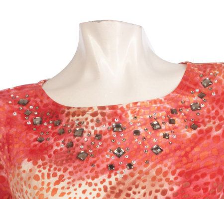 Susan Graver Liquid Knit Elbow Sleeve Top with Rhinestones - QVC.com