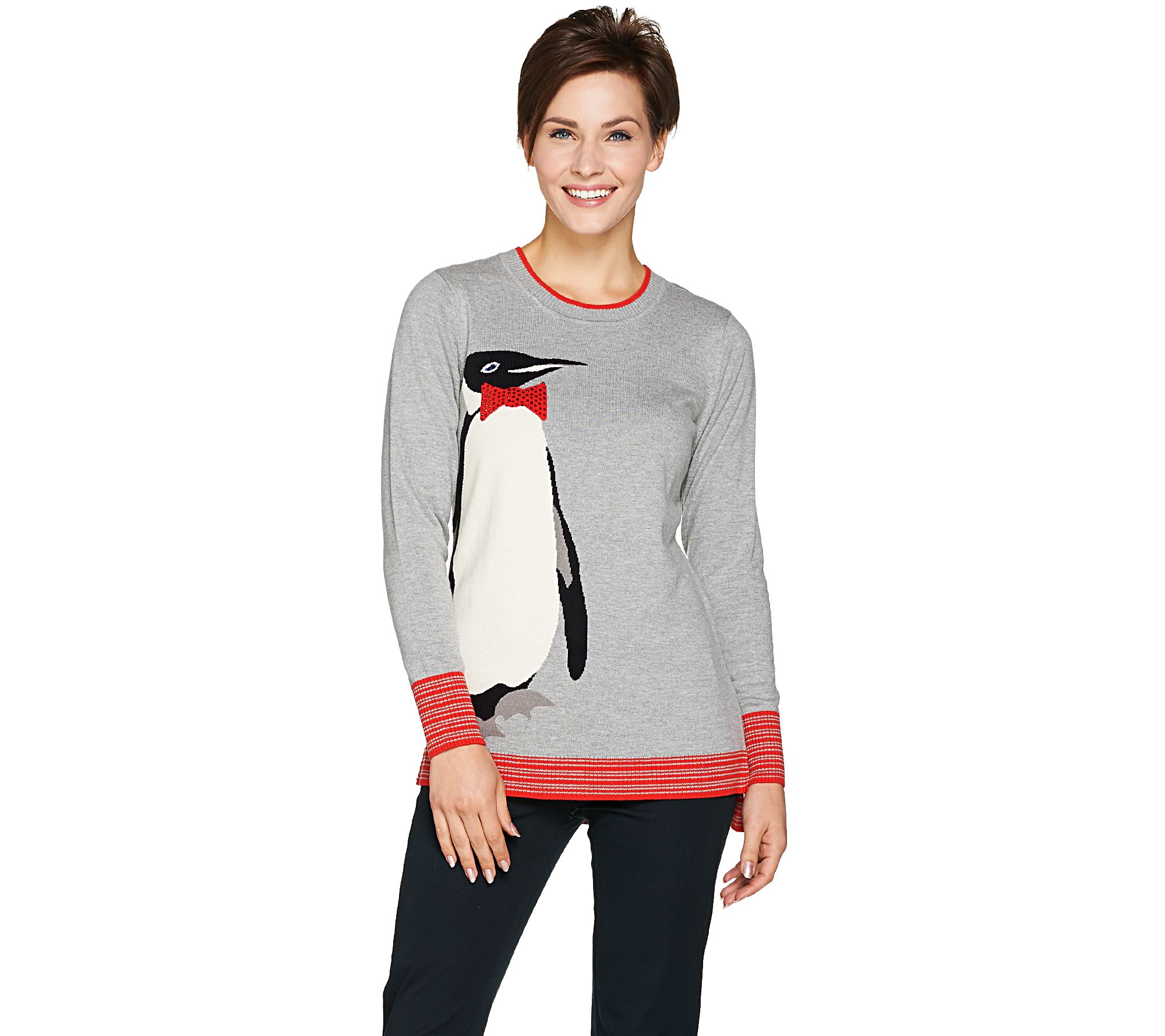 C. Wonder Knit Intarsia Penguin Sweater with Embellishments - QVC.com