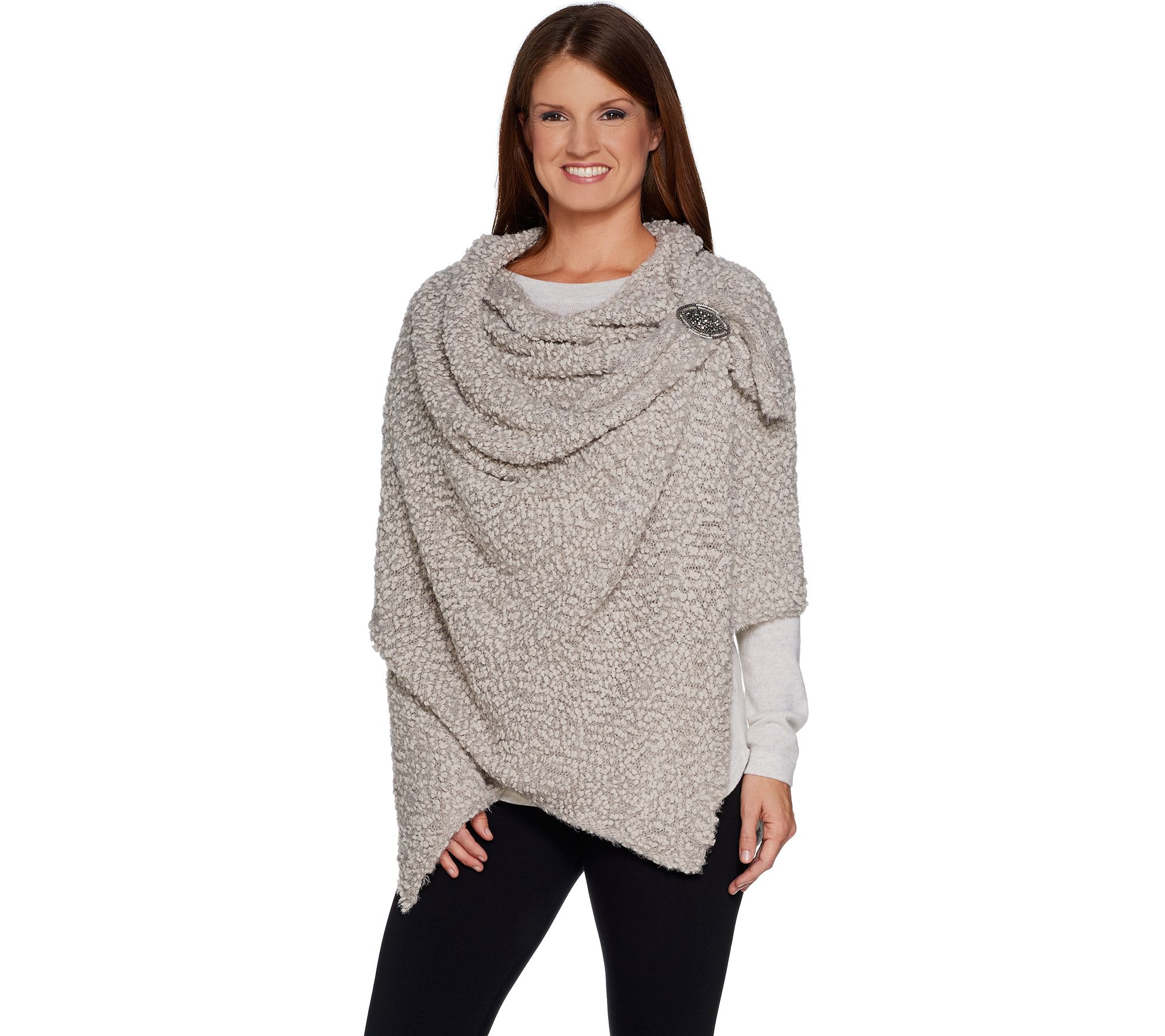 "As Is" Giving Shawl Cozy Shawl with Pockets and Decorative Pin - QVC.com