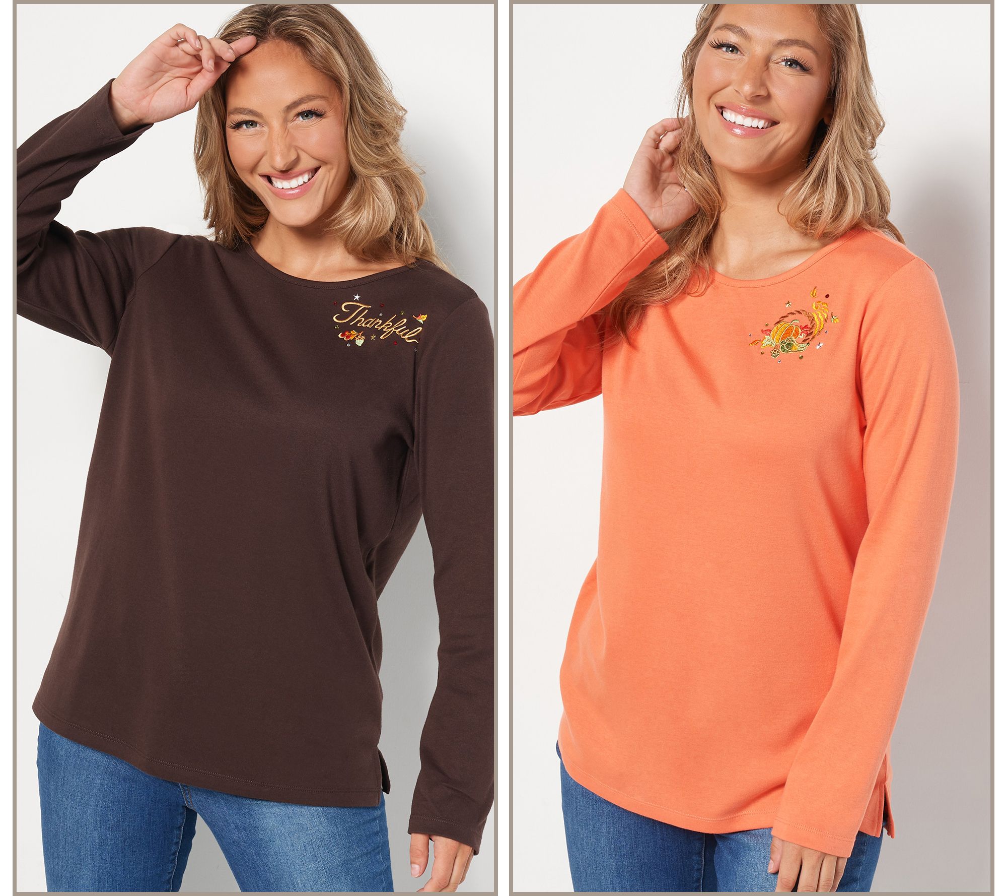 "As Is" Quacker Factory Set of 2 Embroidered Holiday Broach Knit Tops ...