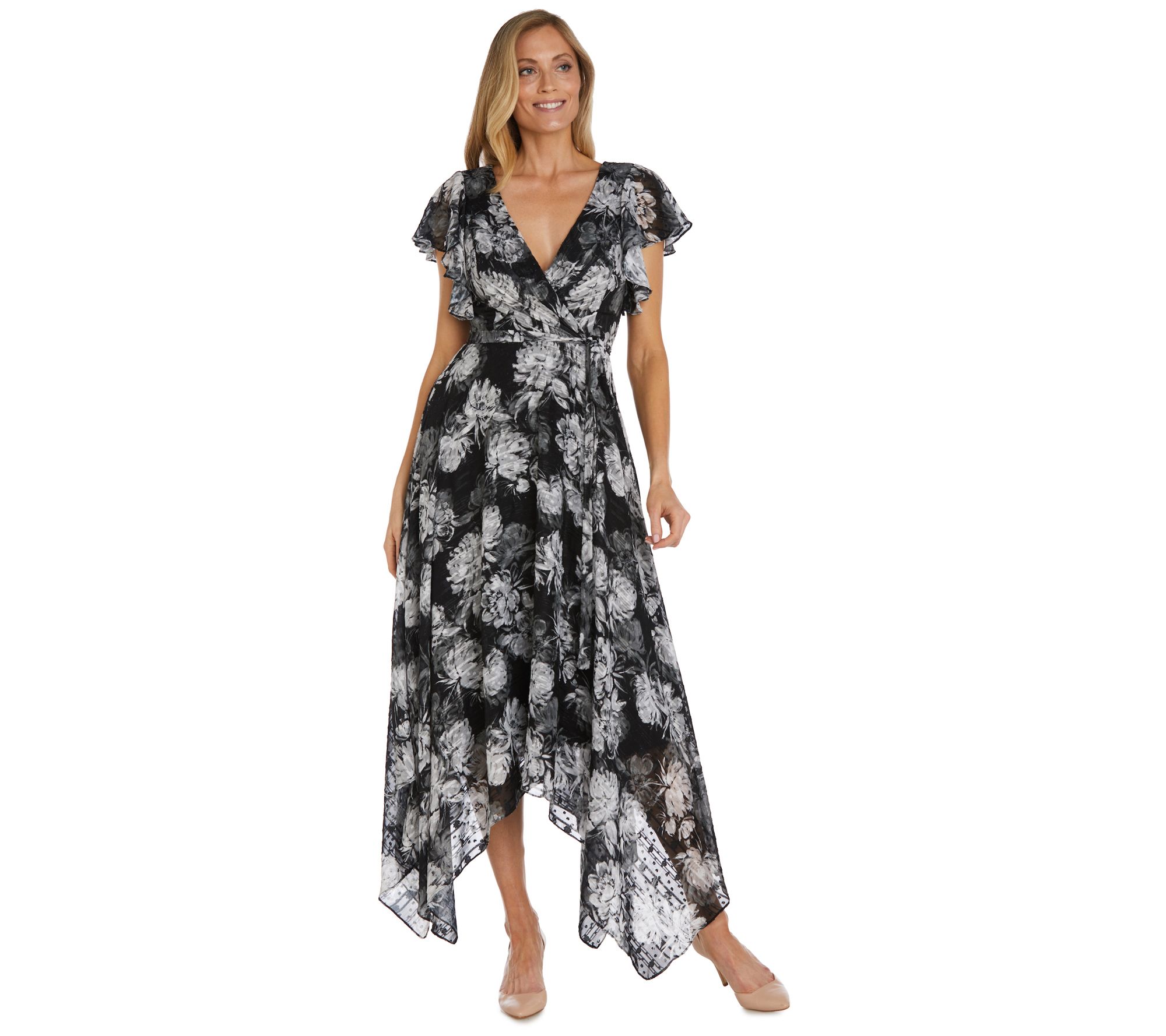 Nightway Floral Print High-Low Dress with Flutter Sleeves - QVC.com