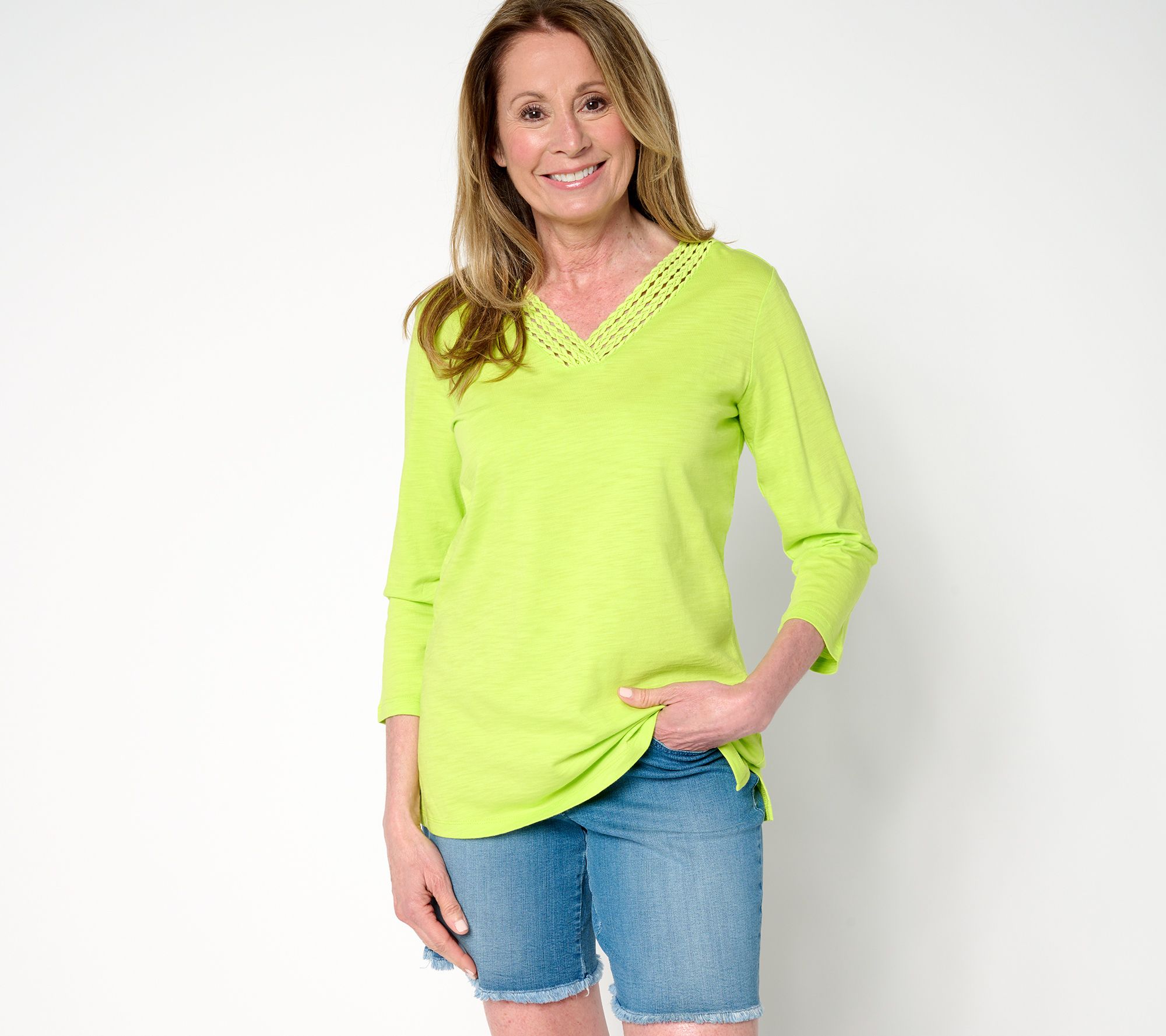"As Is" Belle by Kim Gravel Slub Knit Braided Beauty V Neck Top - QVC.com