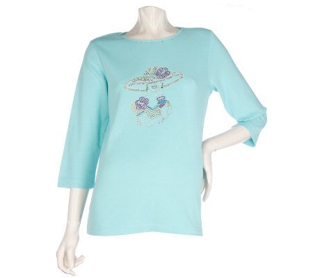 Quacker Factory Lady with Hat Embellished 3/4 Sleeve T-shirt - QVC.com