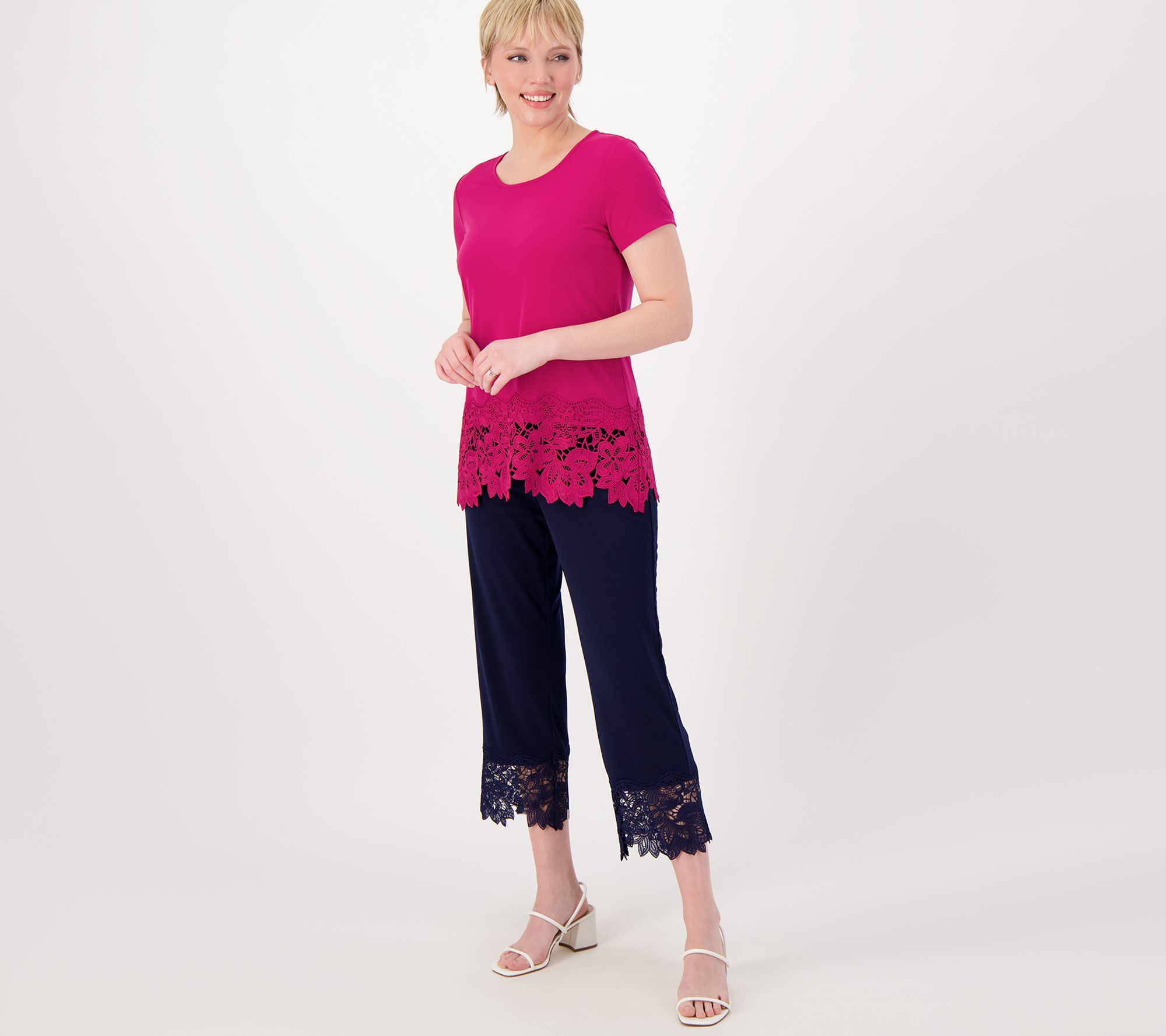 Susan Graver Occasions Reg Liquid Knit Lace-Hem Tunic w/Cap Sleeves ...