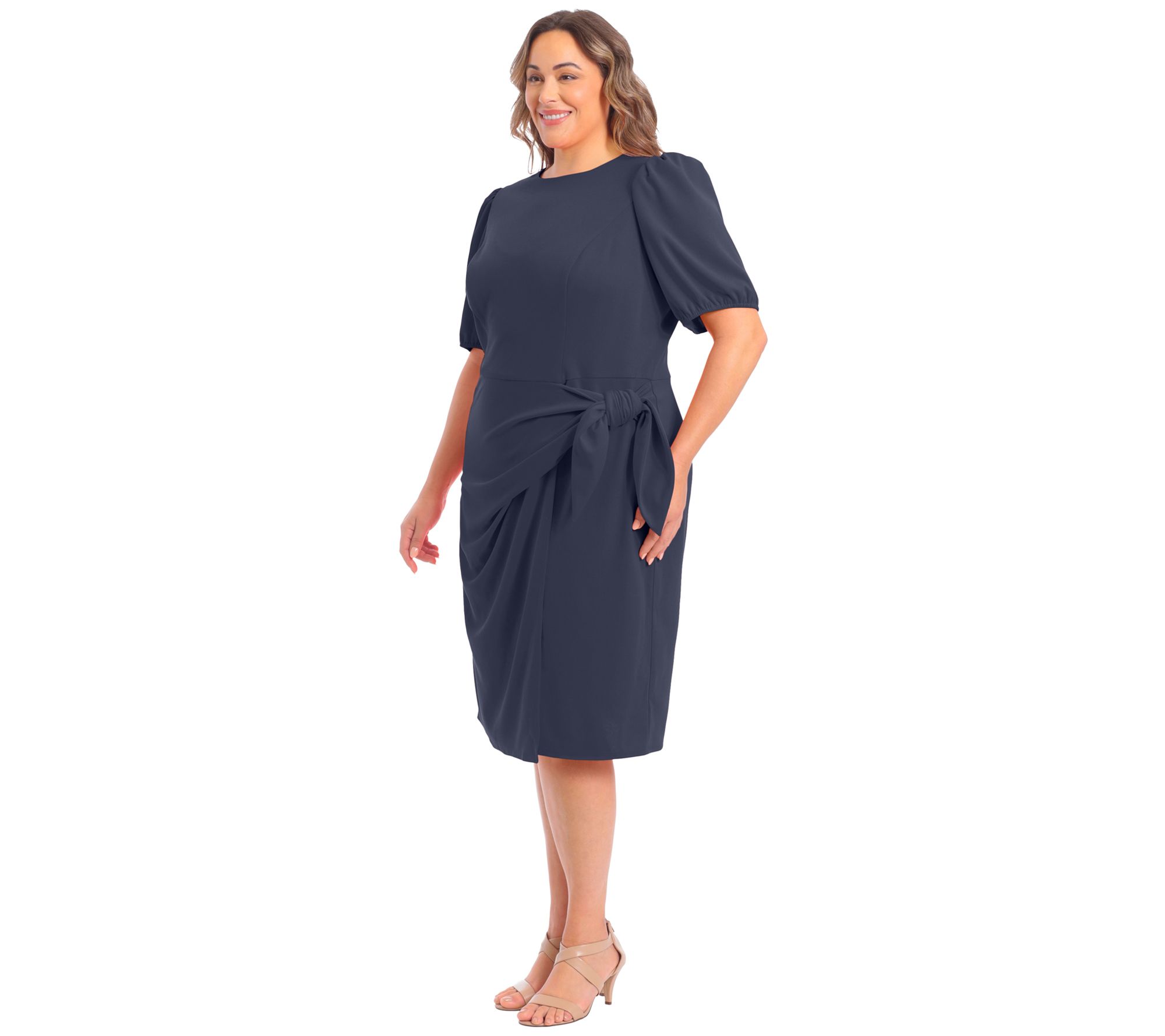London Times Knee Length Puff Sleeve Sarong Wrap Dress-Plus - QVC.com