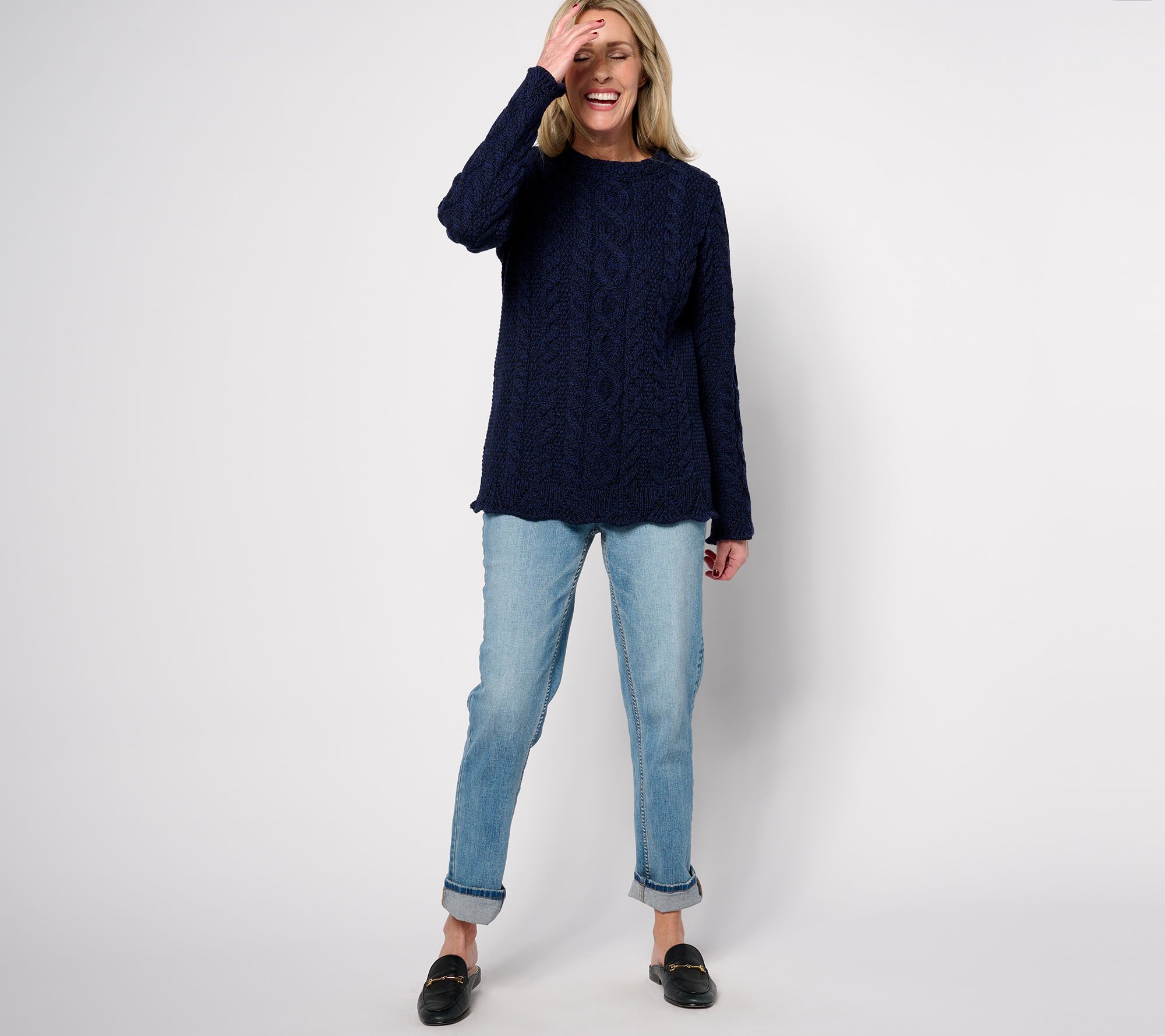 "As Is" Aran Craft Merino Wool Pullover Sweater with Scallop Trim - QVC.com