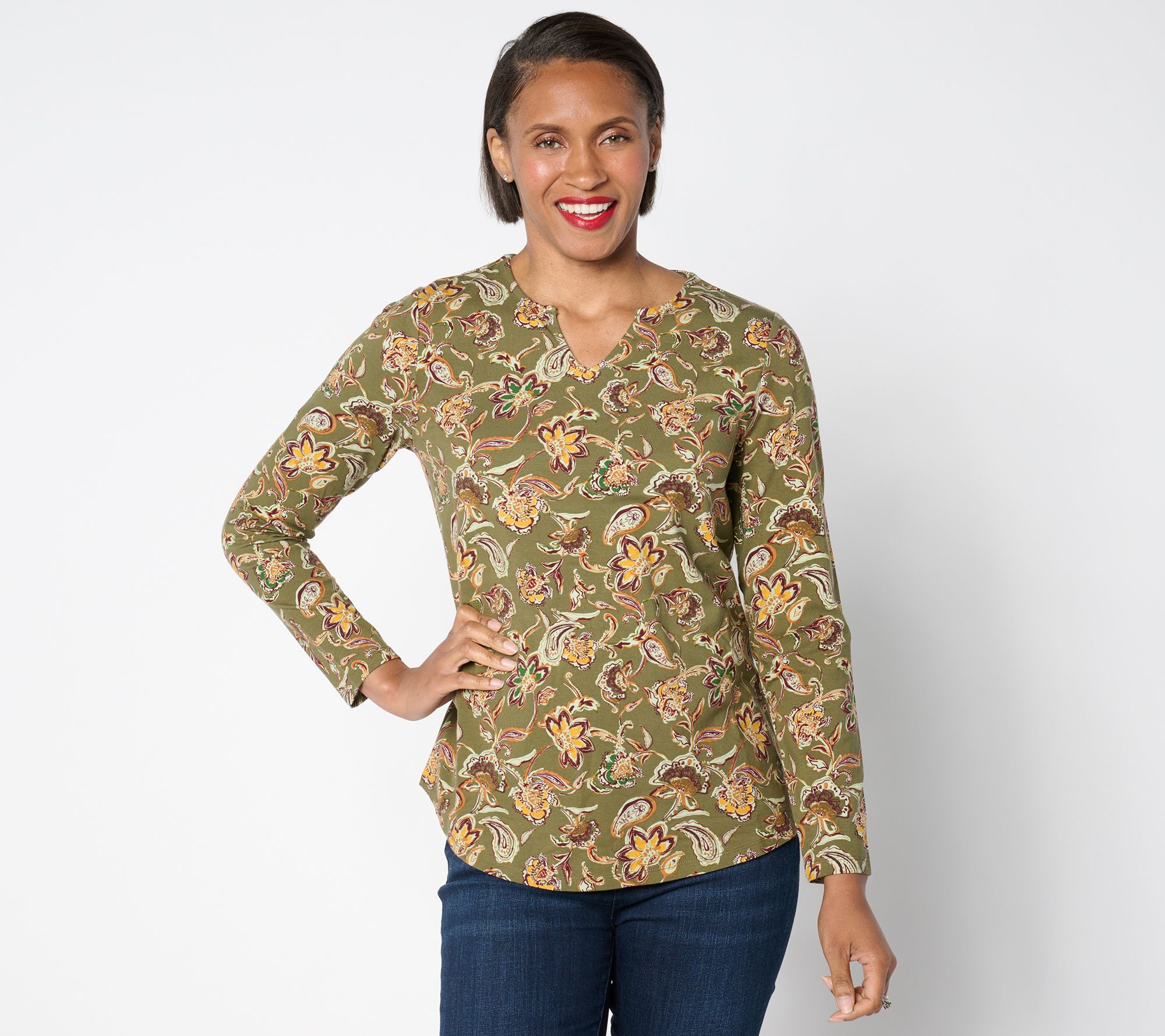 "As Is" Denim & Co. Favorite Jersey Printed Split Neck Top - QVC.com