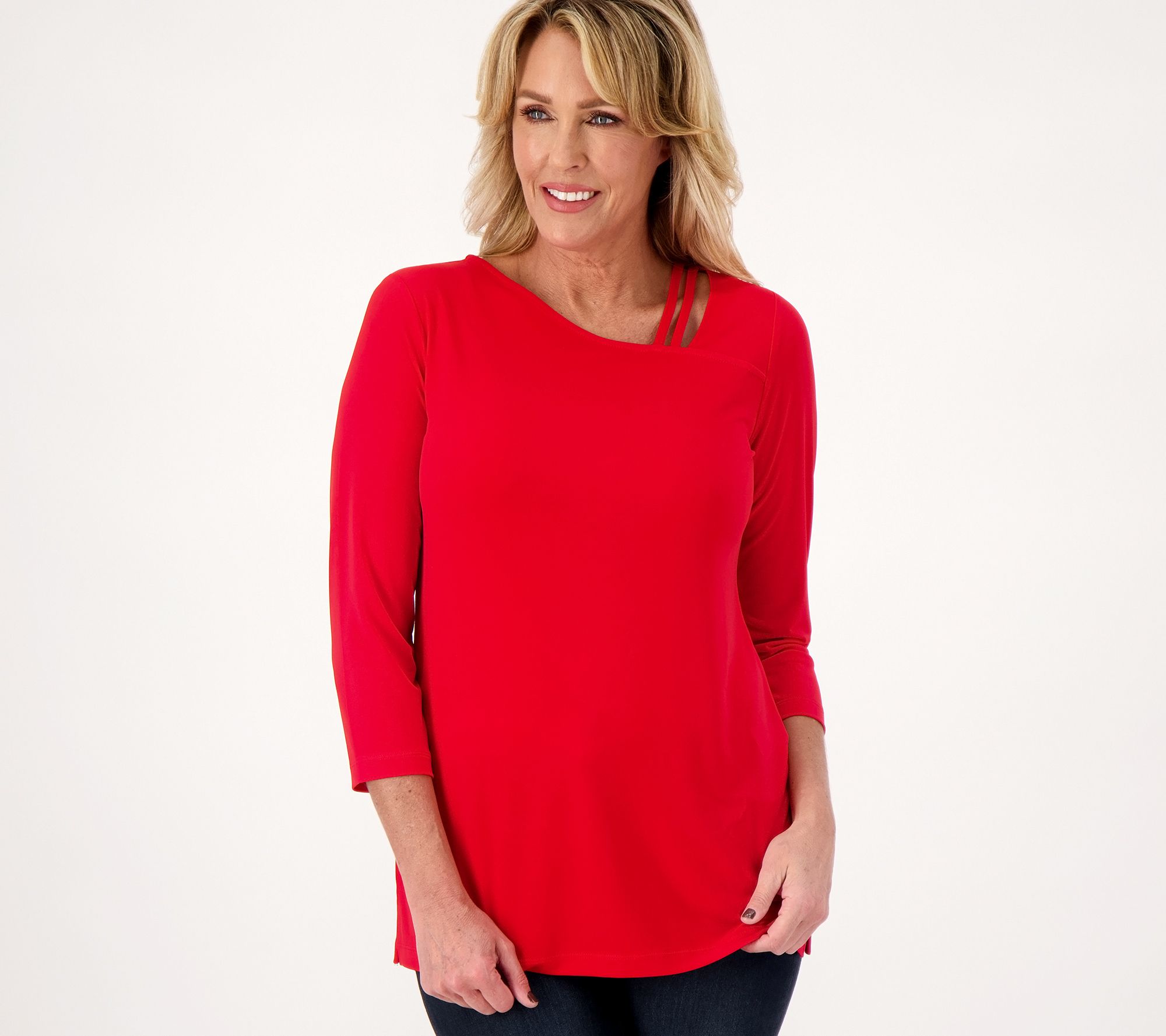 Susan Graver Petite Liquid Knit Asymmetric 3/4 Sleeve Tunic - QVC.com