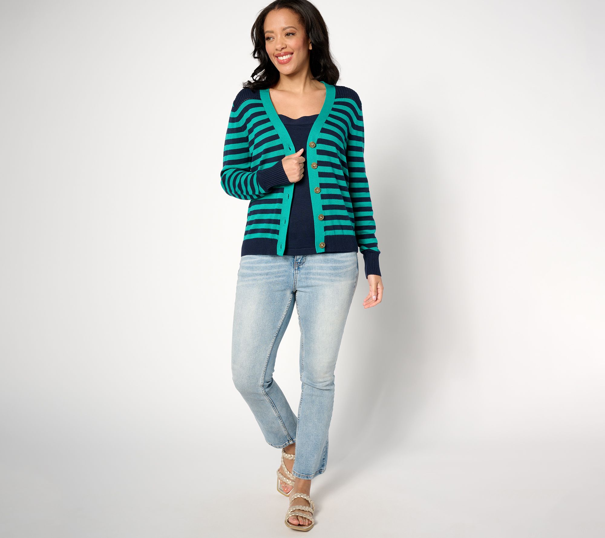 "As Is" AnyBody Striped Sweater Cardigan and Tank Set - QVC.com