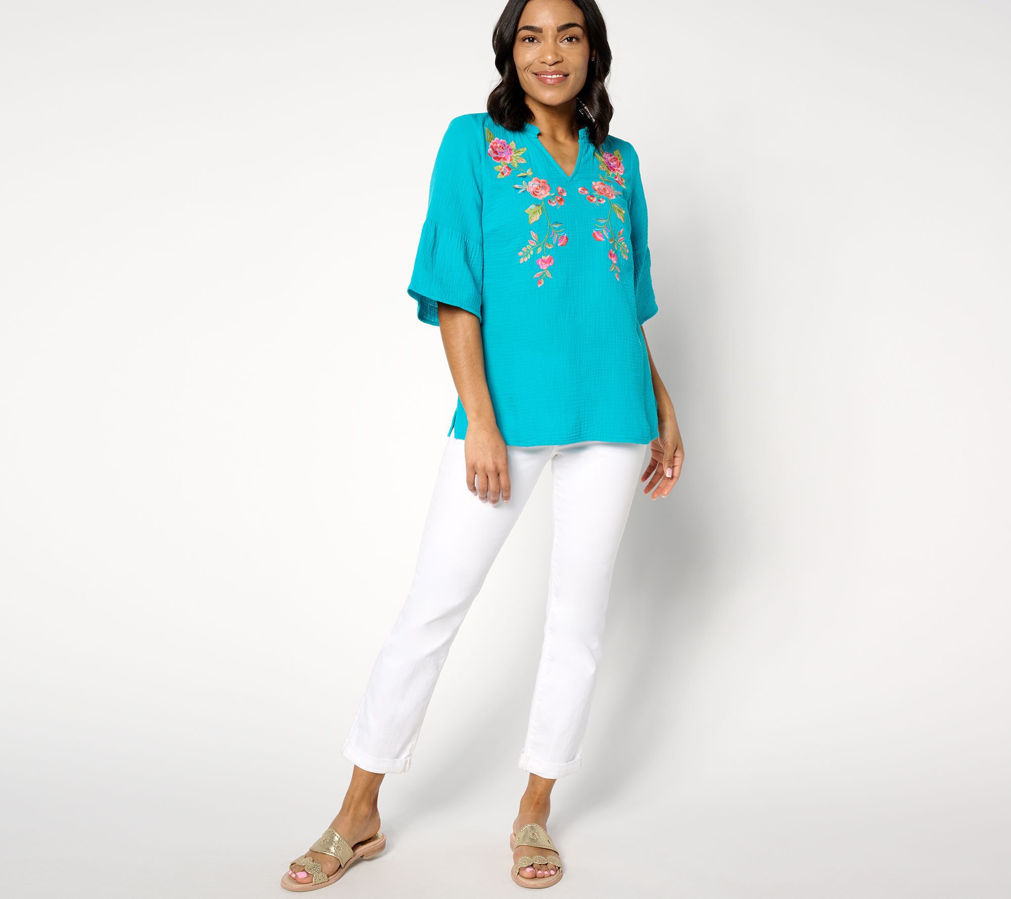 "As Is" Belle Beach by Kim Gravel Cotton Gauze Boho Blooms Top - QVC.com