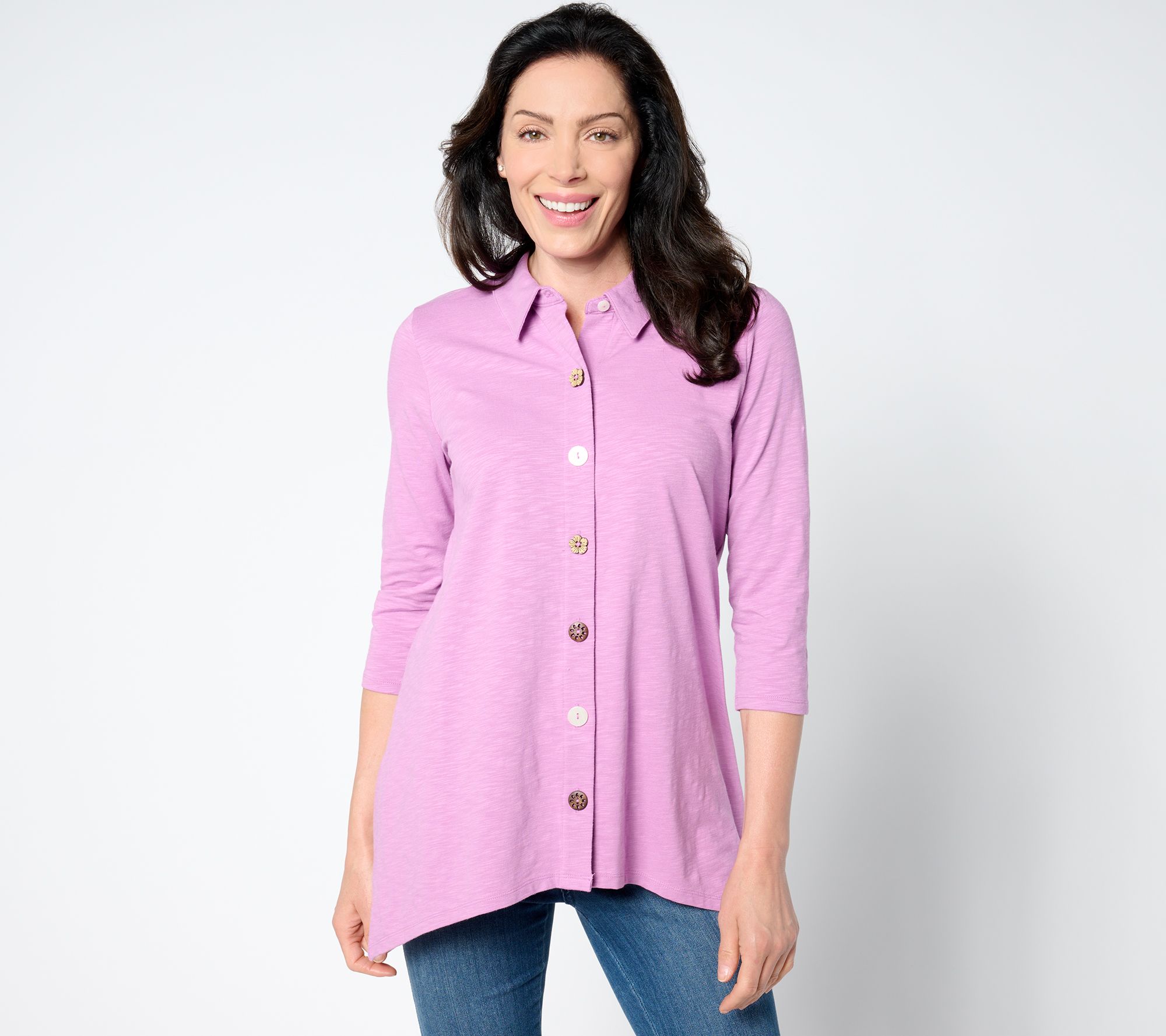"As Is" Denim & Co. Adaptive Texture Knit 3/4 Sleeve Button Tunic - QVC.com