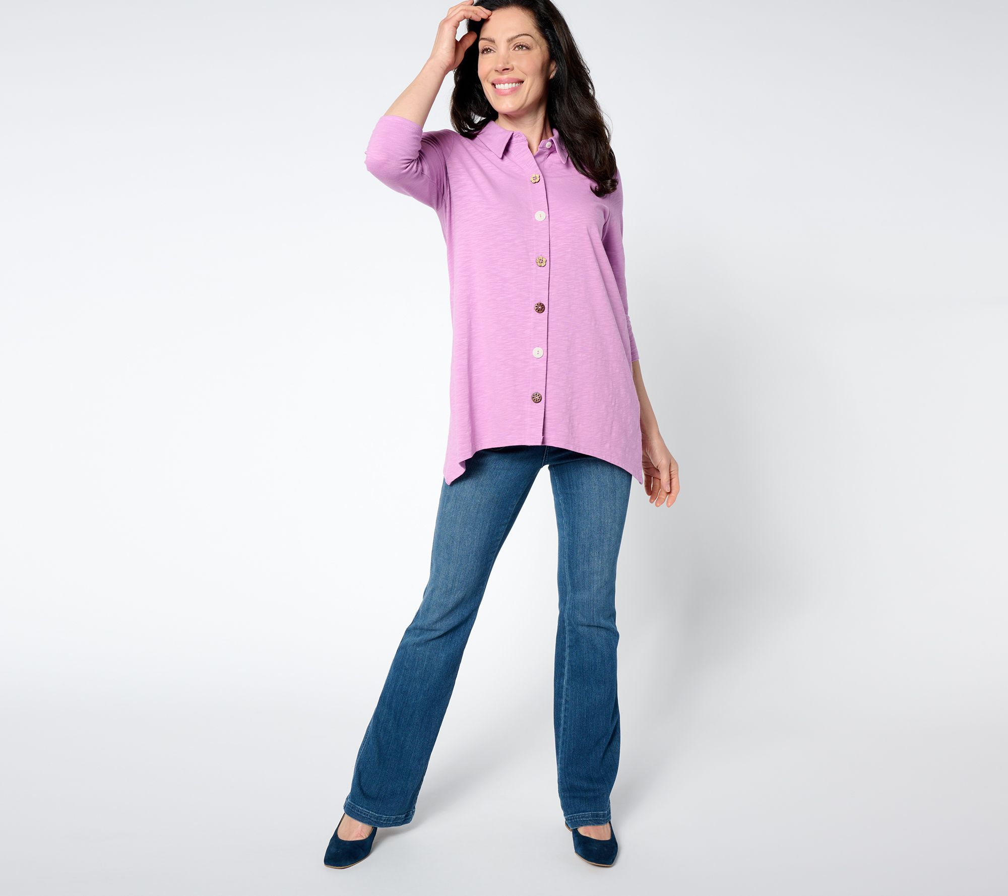 "As Is" Denim & Co. Adaptive Texture Knit 3/4 Sleeve Button Tunic - QVC.com
