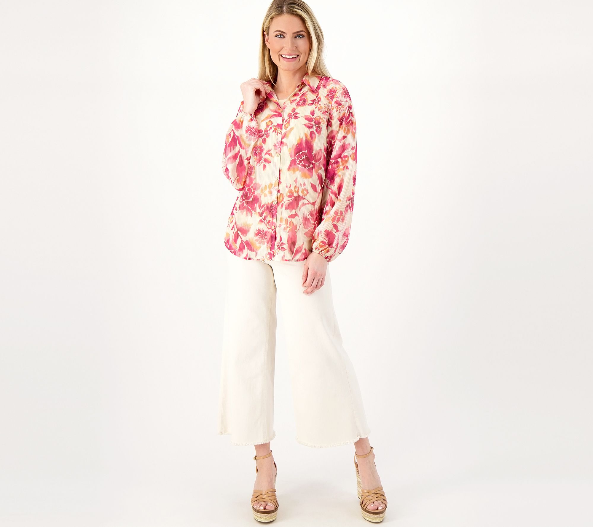 Isaac Mizrahi Live! Printed Lurex Button Down Blouse & Tank Set - QVC.com