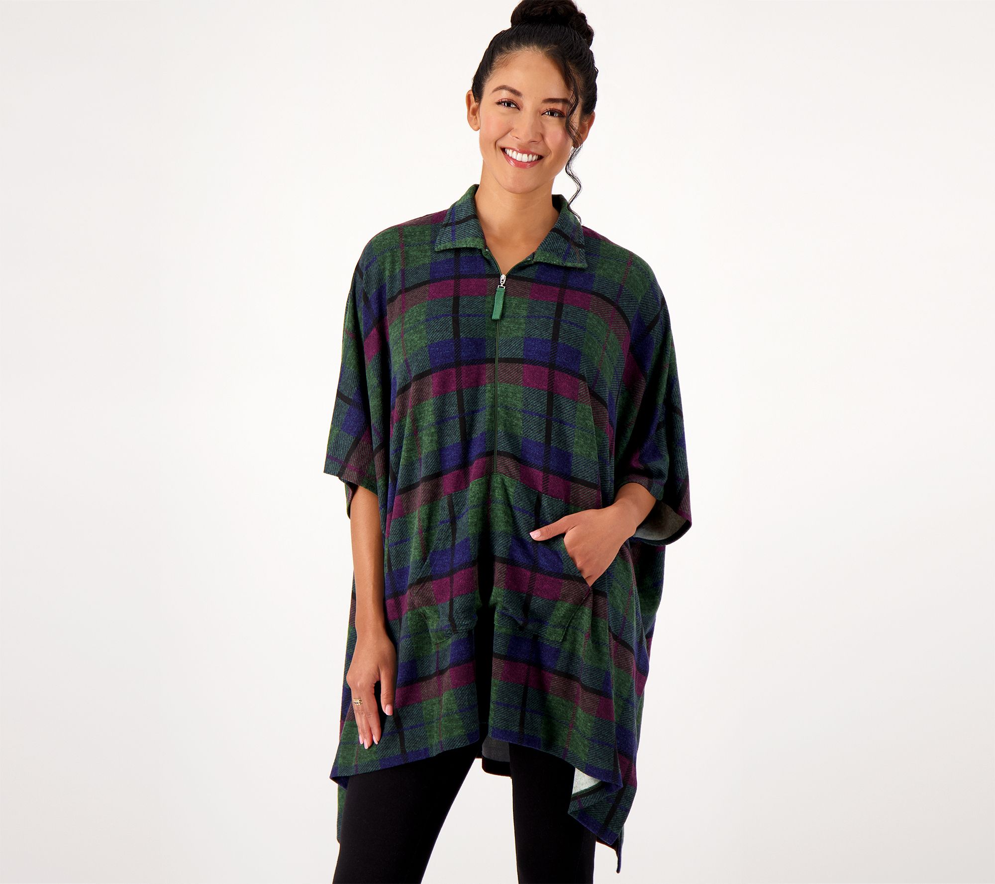 "As Is" Stan Herman Luxe Sweater Knit Half Zip Plaid Pop-Over - QVC.com