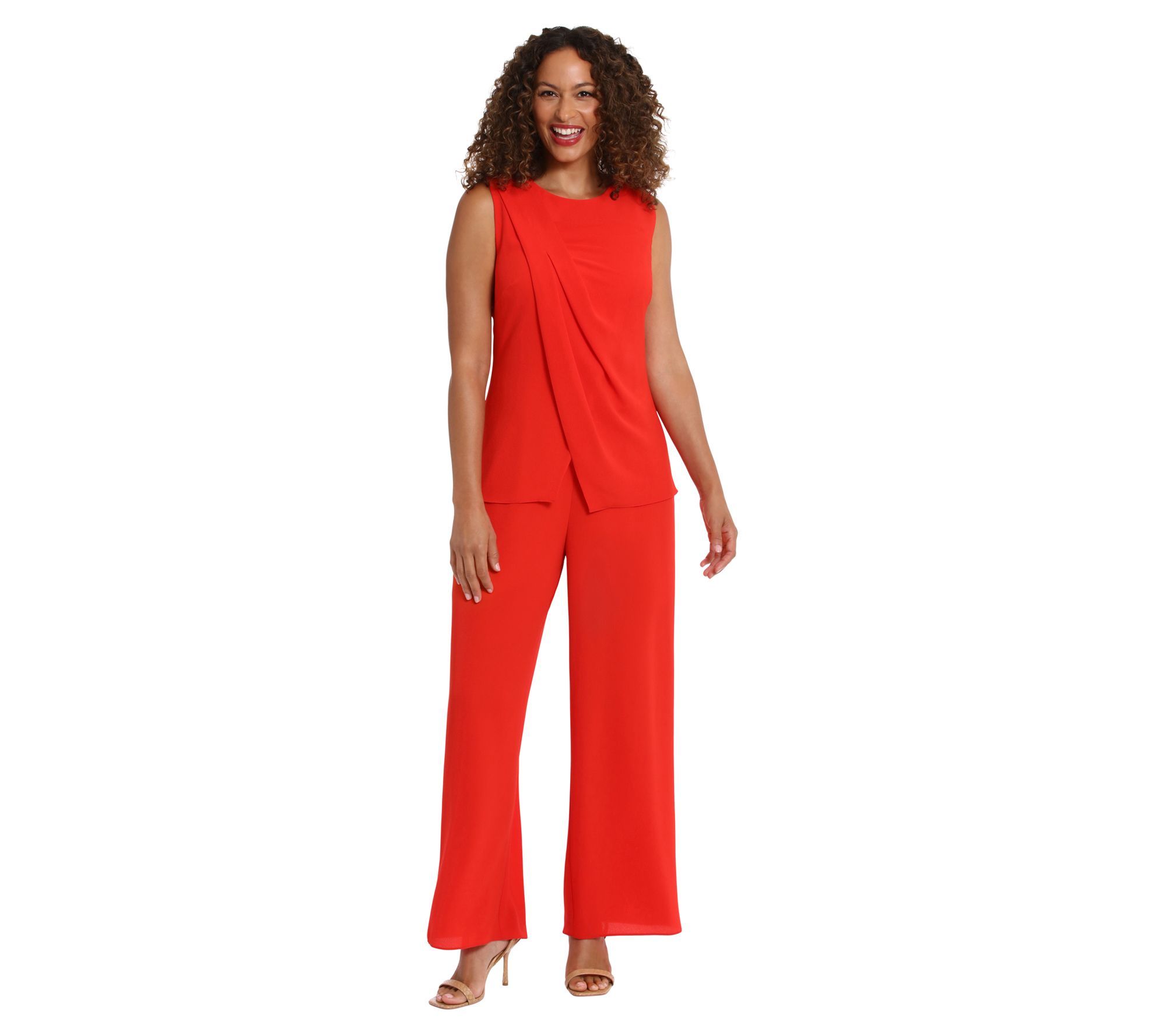 London Times Jewel-Neck Pleated Crossover Jumpsuit - QVC.com