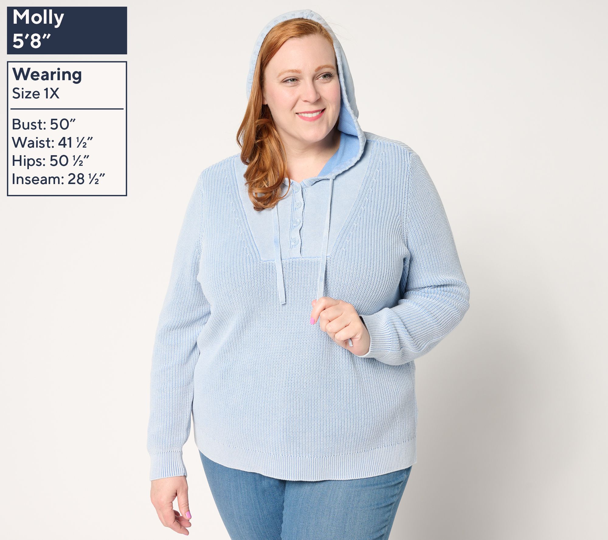 AnyBody Washed Cotton Hooded Sweater with Henley Neckline - QVC.com
