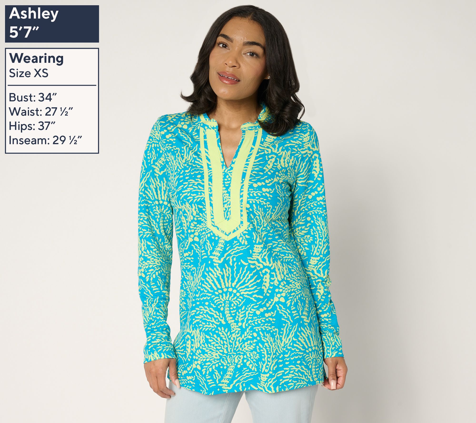 Bellisima by Kim Gravel Regular Cabana Knit Palm Trim Tunic - QVC.com
