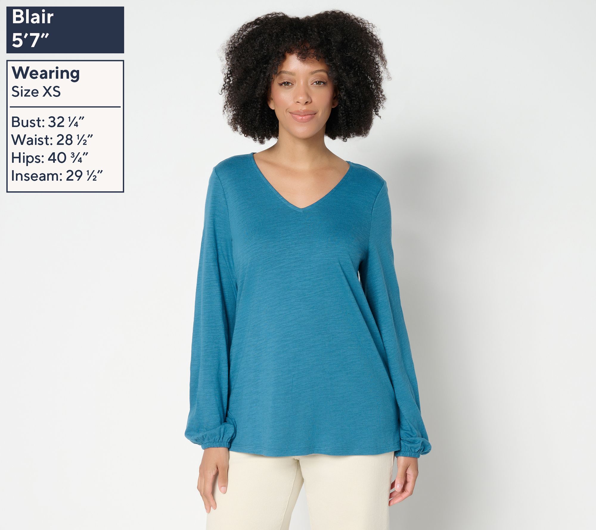 Belle by Kim Gravel Slub Knit V Neck Blouson Sleeve Top - QVC.com