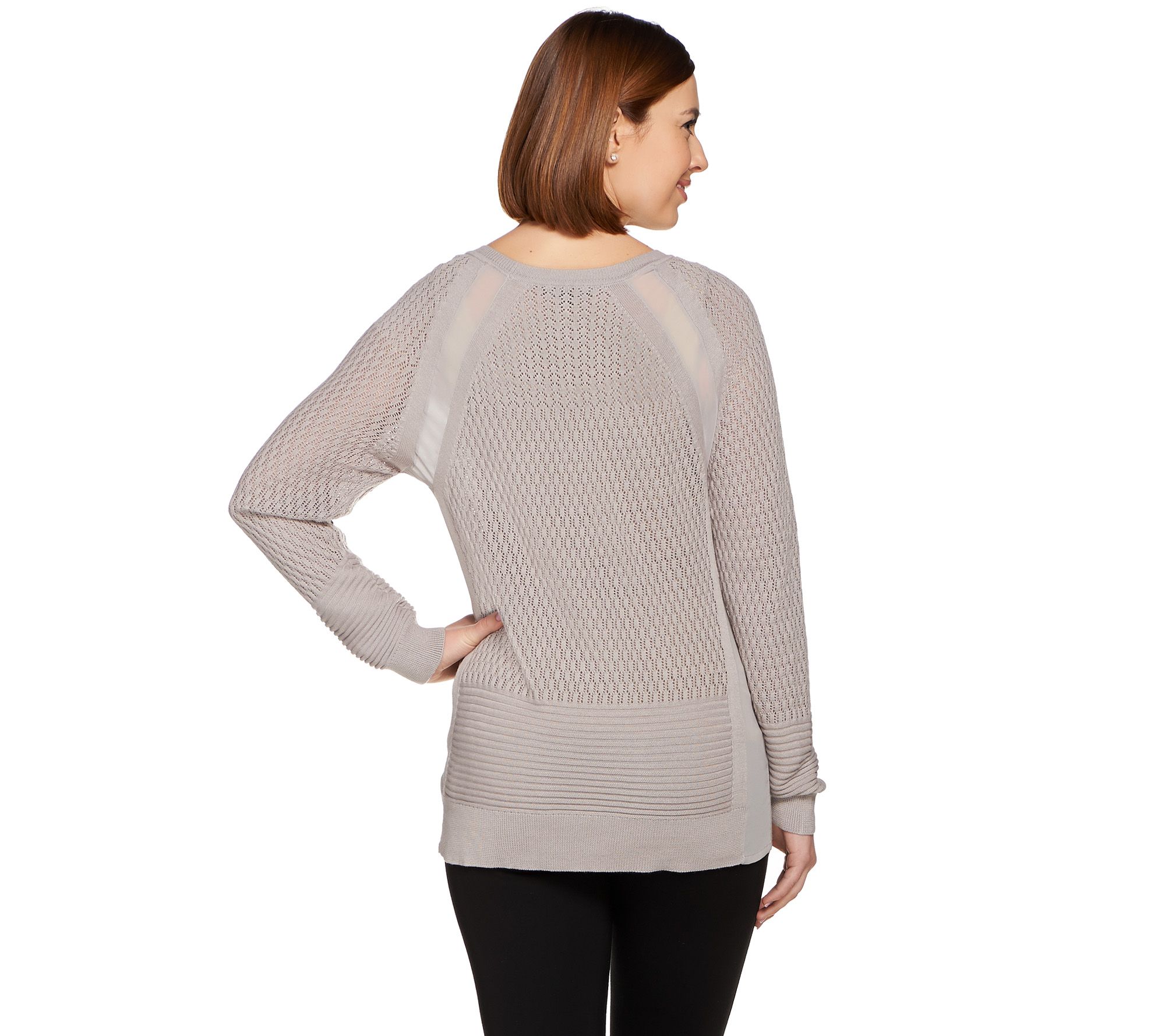 H by Halston Pointelle Pullover Sweater with Chiffon Insets - QVC.com