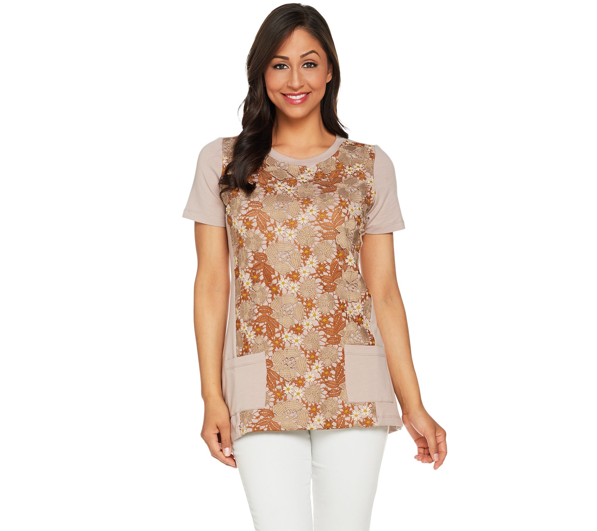 LOGO Lounge by Lori Goldstein Short Sleeve Top with Lace Overlay - QVC.com