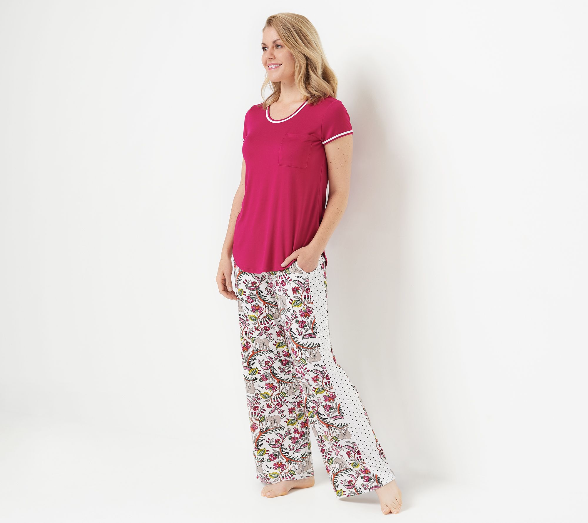 (QVC) Cuddl Duds Cool & Airy Jersey Color- Block Print Pajama Set ...