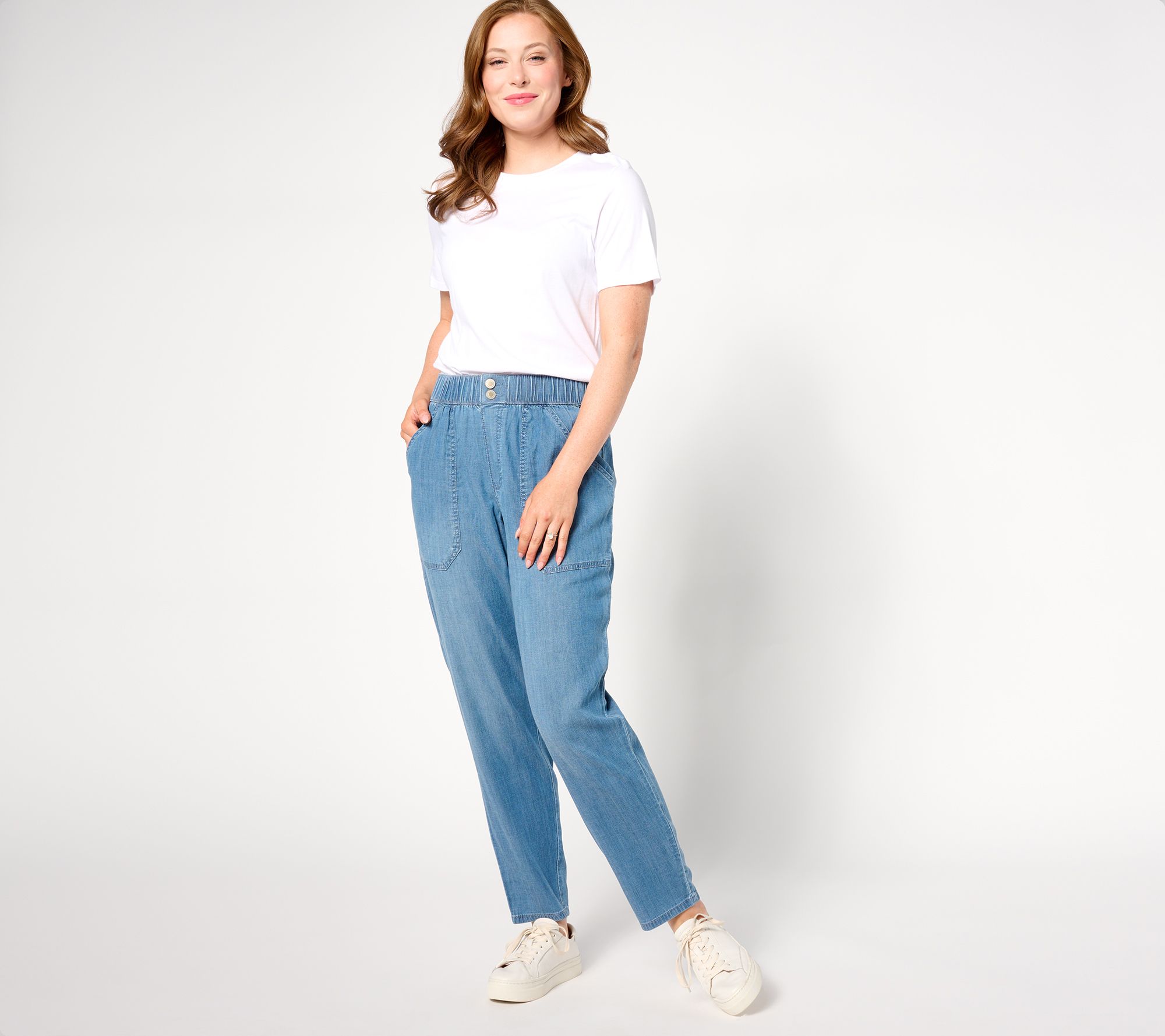 AnyBody Petite Drapey Denim Pull-On Pants - QVC.com