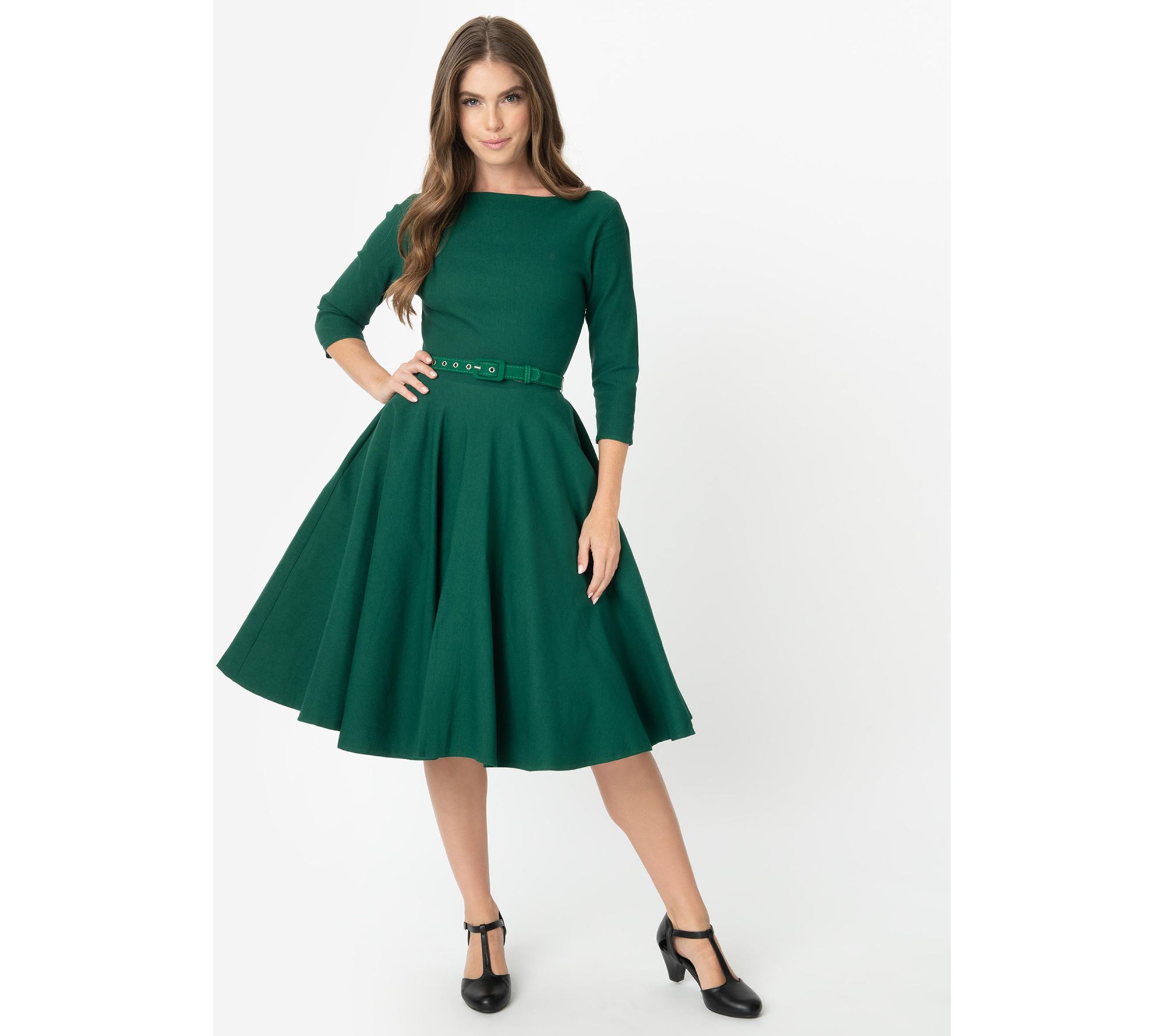 Unique Vintage 1950s Style Emerald Green Stretch Sleeved Devon - QVC.com