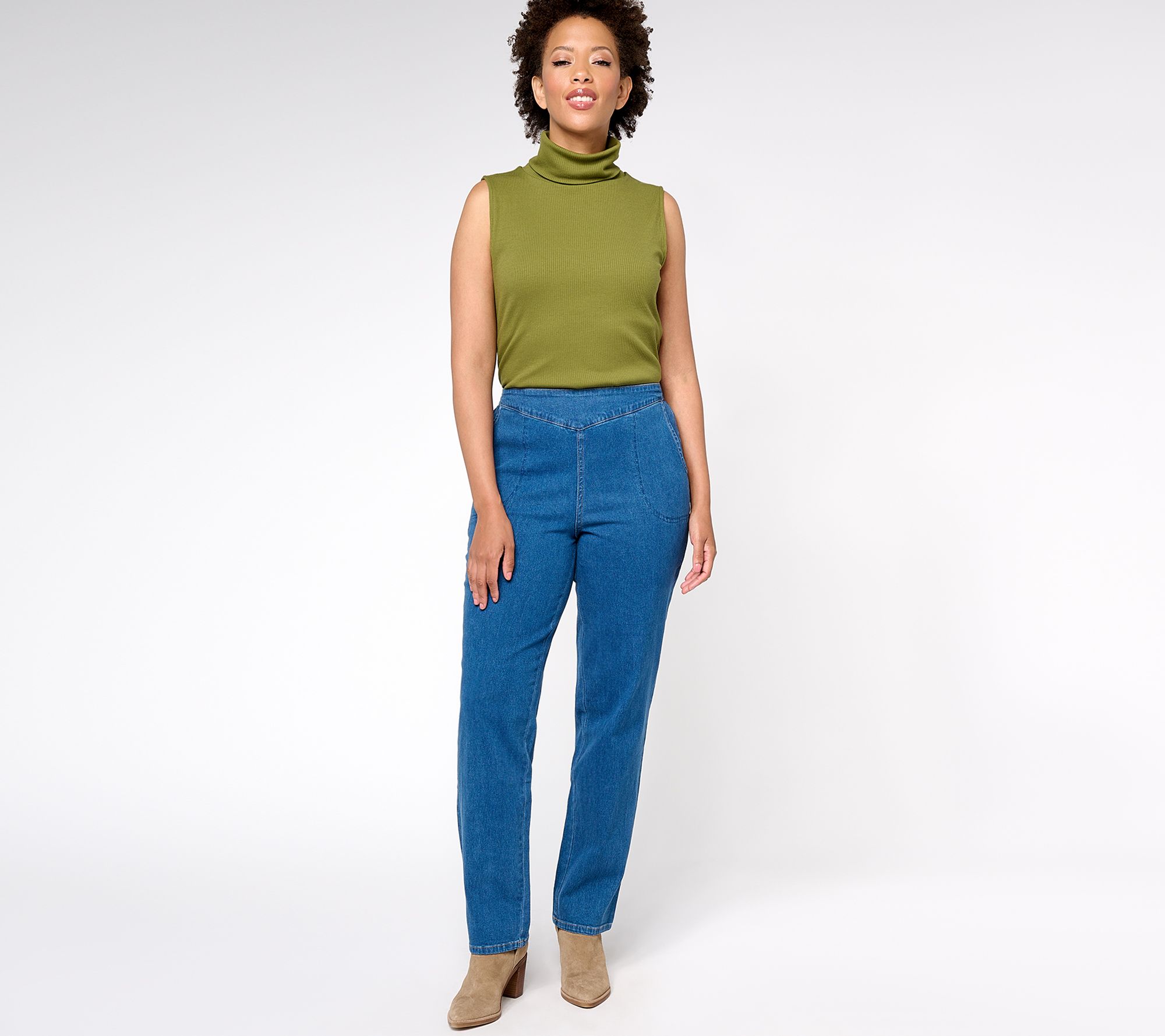 "As Is" Denim & Co. Pull On Front V-Yoke Regular Jeans with Pockets ...