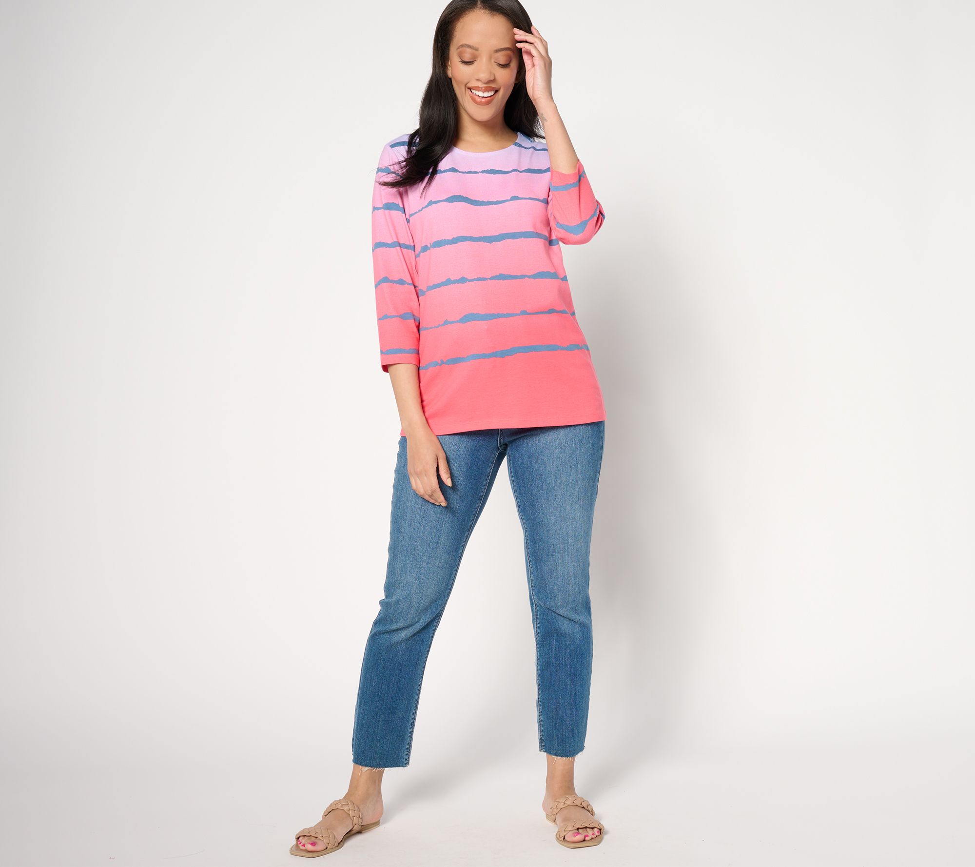 "As Is" Denim & Co. Americana Texture Knit Ombre Striped 3/4 Sleeve Top ...